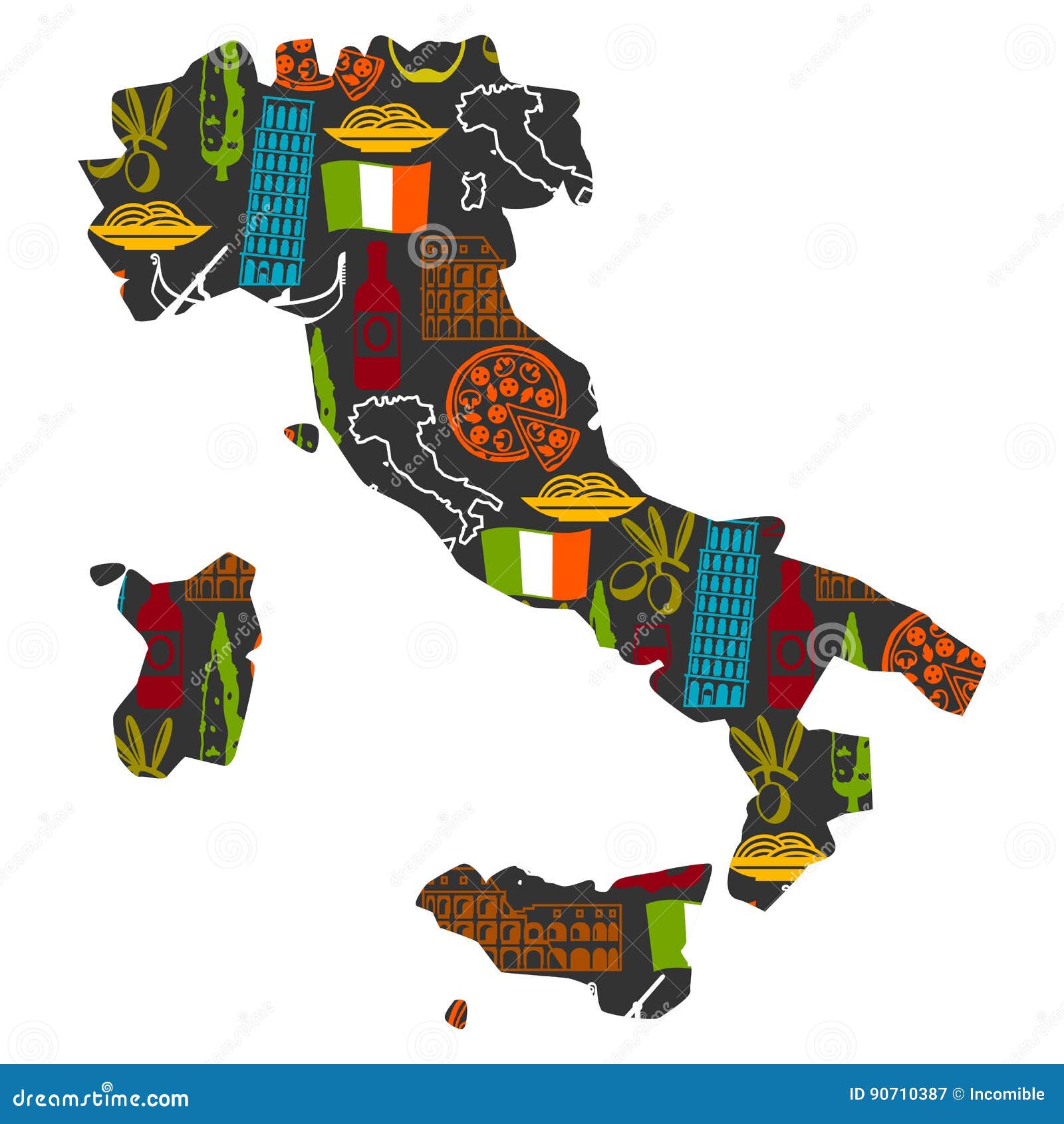 Italy Background Design in Shape of Map. Italian Symbols and Objects ...