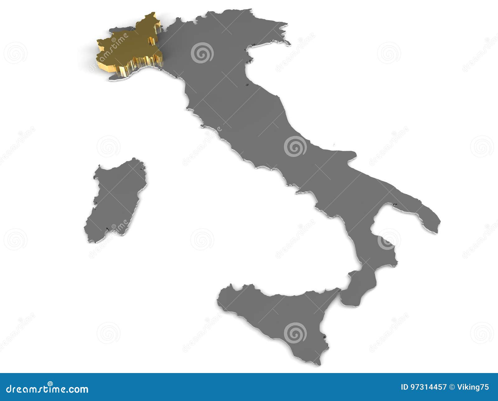 Italy 3d Metallic Map, Whith Piemonte Region Highlighted Stock ...