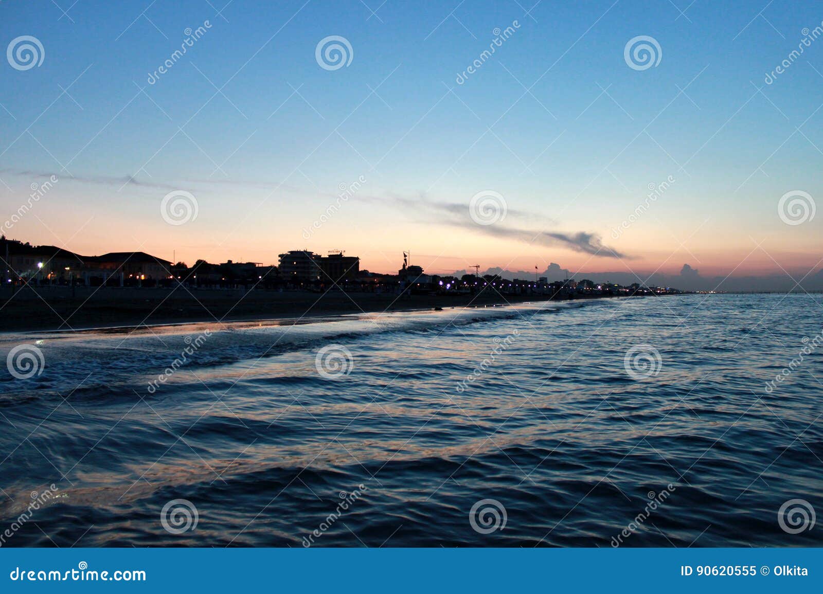 Italy. Emilia-Romagna. Rimini. Sea On Blue Pink Sky Background ...