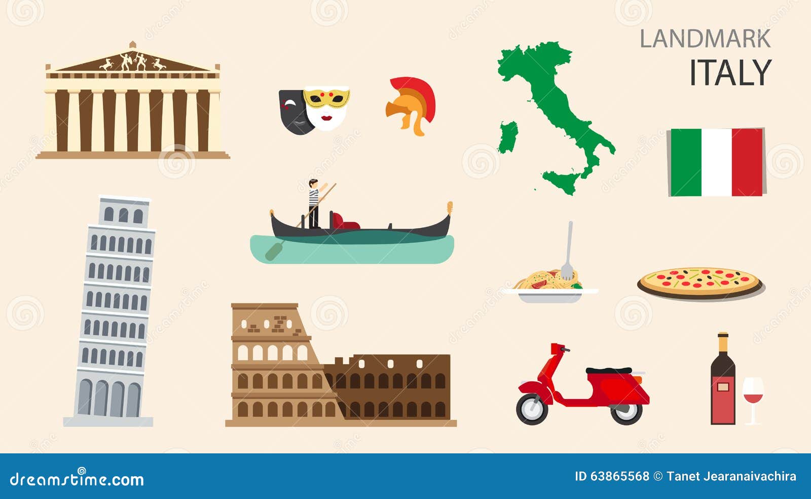 Italy Flat Design Landmark Concept.Vector Stock Vector - Illustration ...