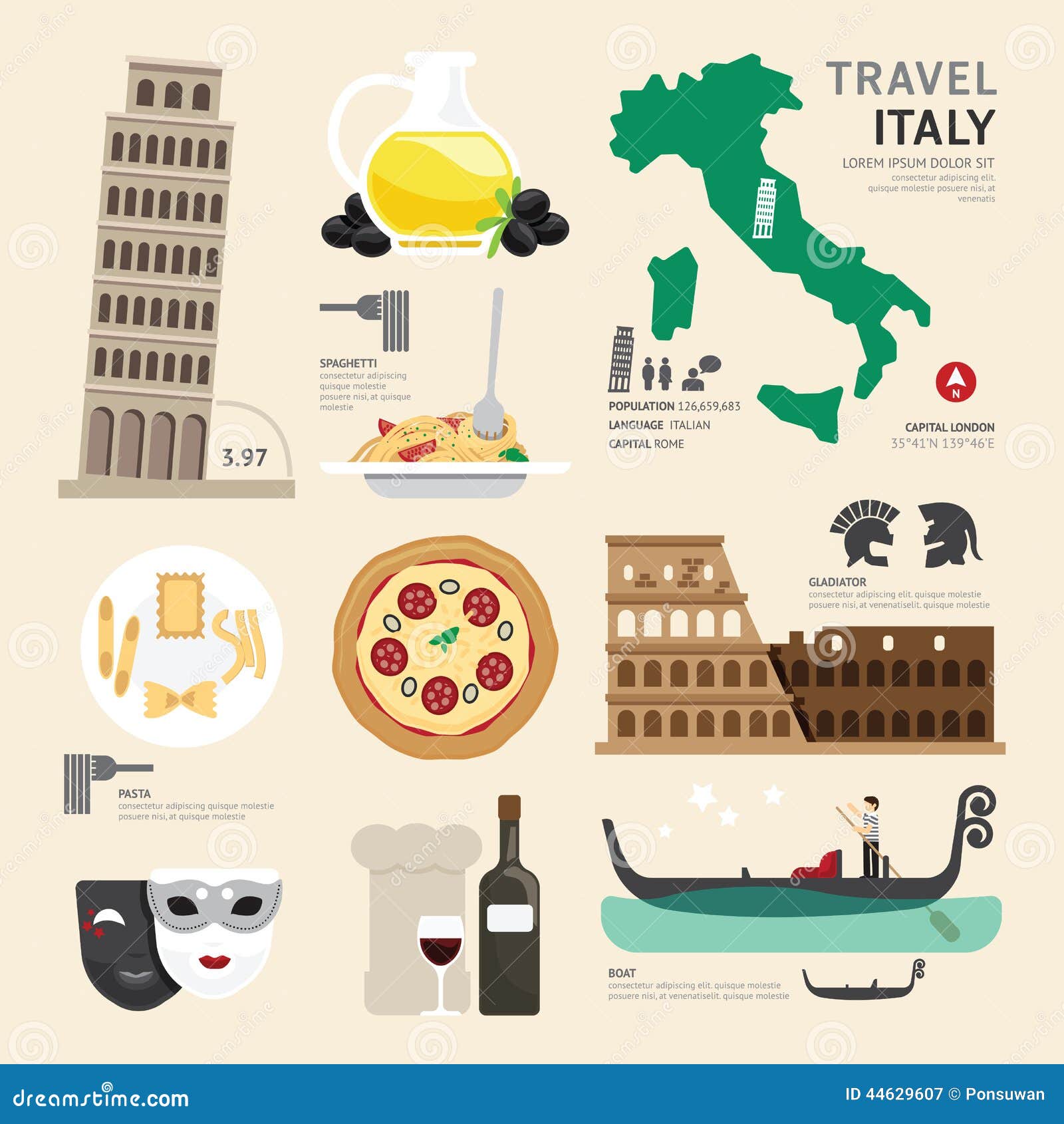 Italy Flat Icons Design Travel Concept. Vector Stock Vector ...