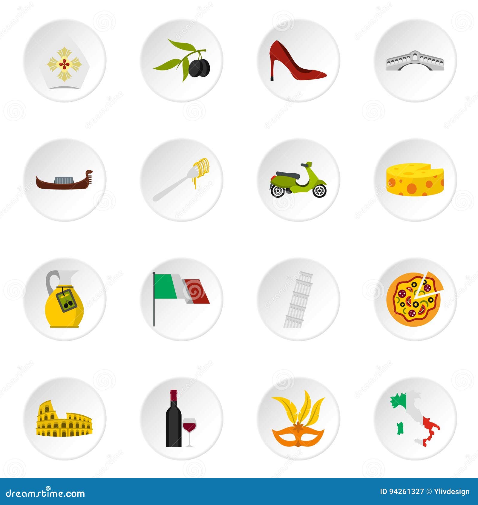 Italy Icons Set, Flat Style Stock Vector - Illustration of culture ...