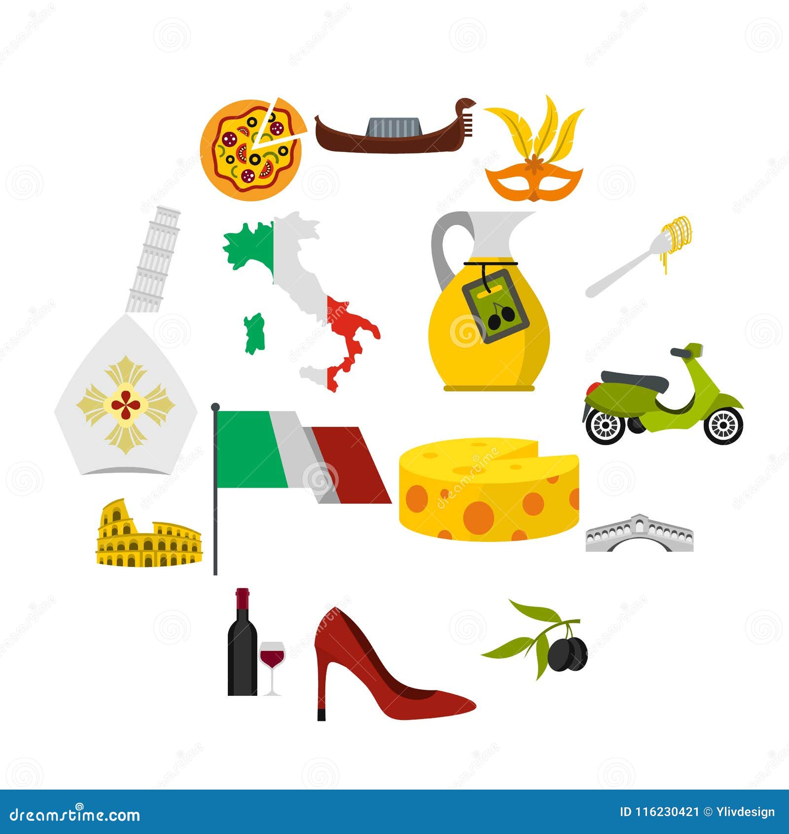Italy Icons Set, Flat Style Stock Vector - Illustration of colosseum ...