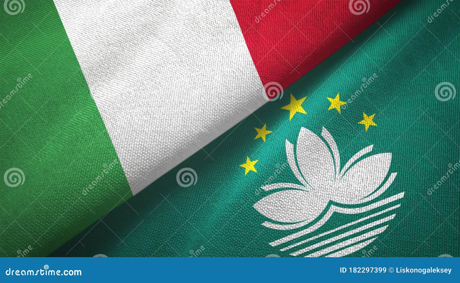 Italy and Macau Two Flags Textile Cloth, Fabric Texture Stock ...