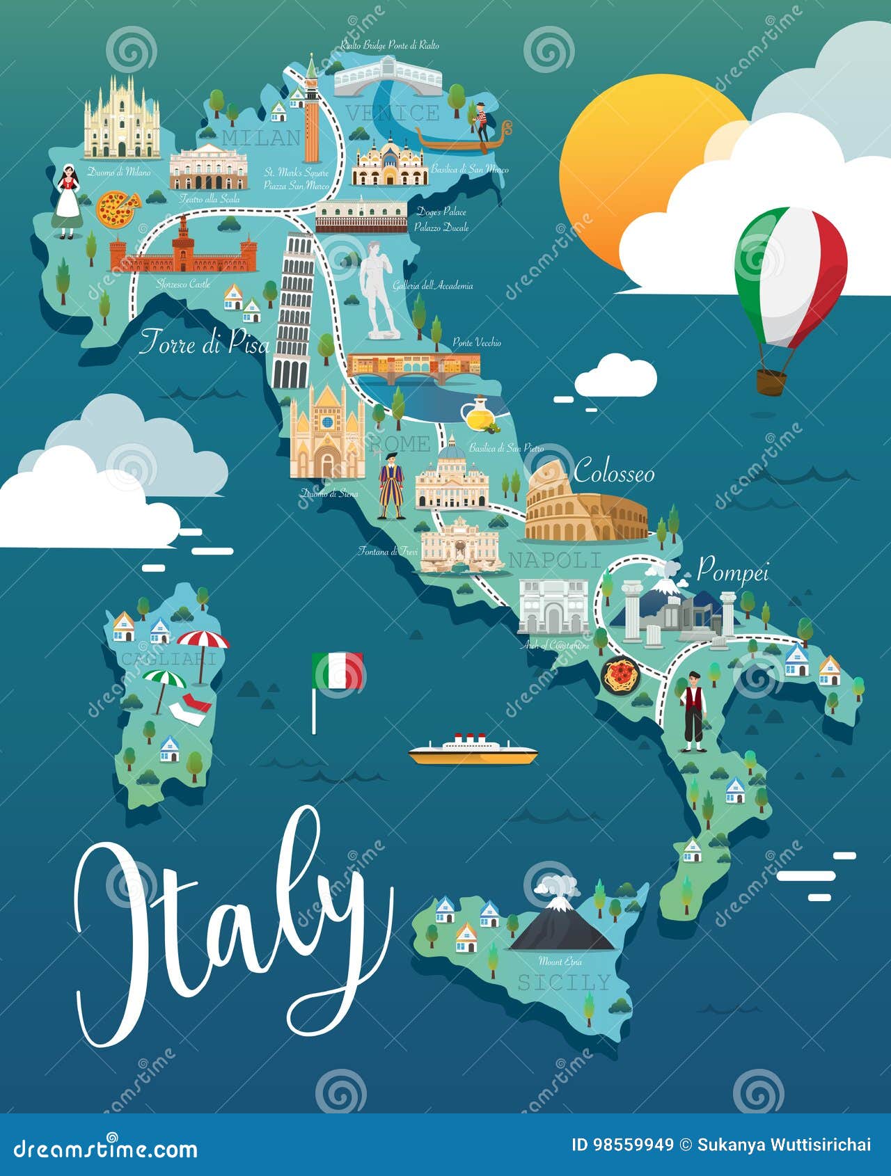 Italy Map With Attractive Landmarks Illustration. | CartoonDealer.com ...