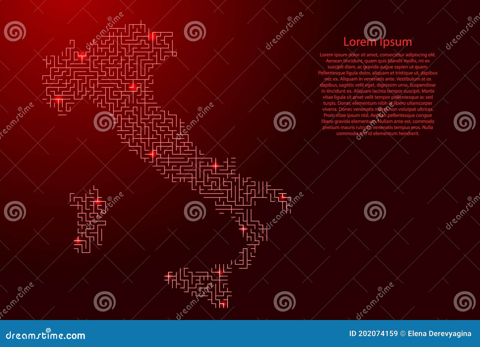 Italy Map from Red Pattern of the Maze Grid and Glowing Space Stars ...