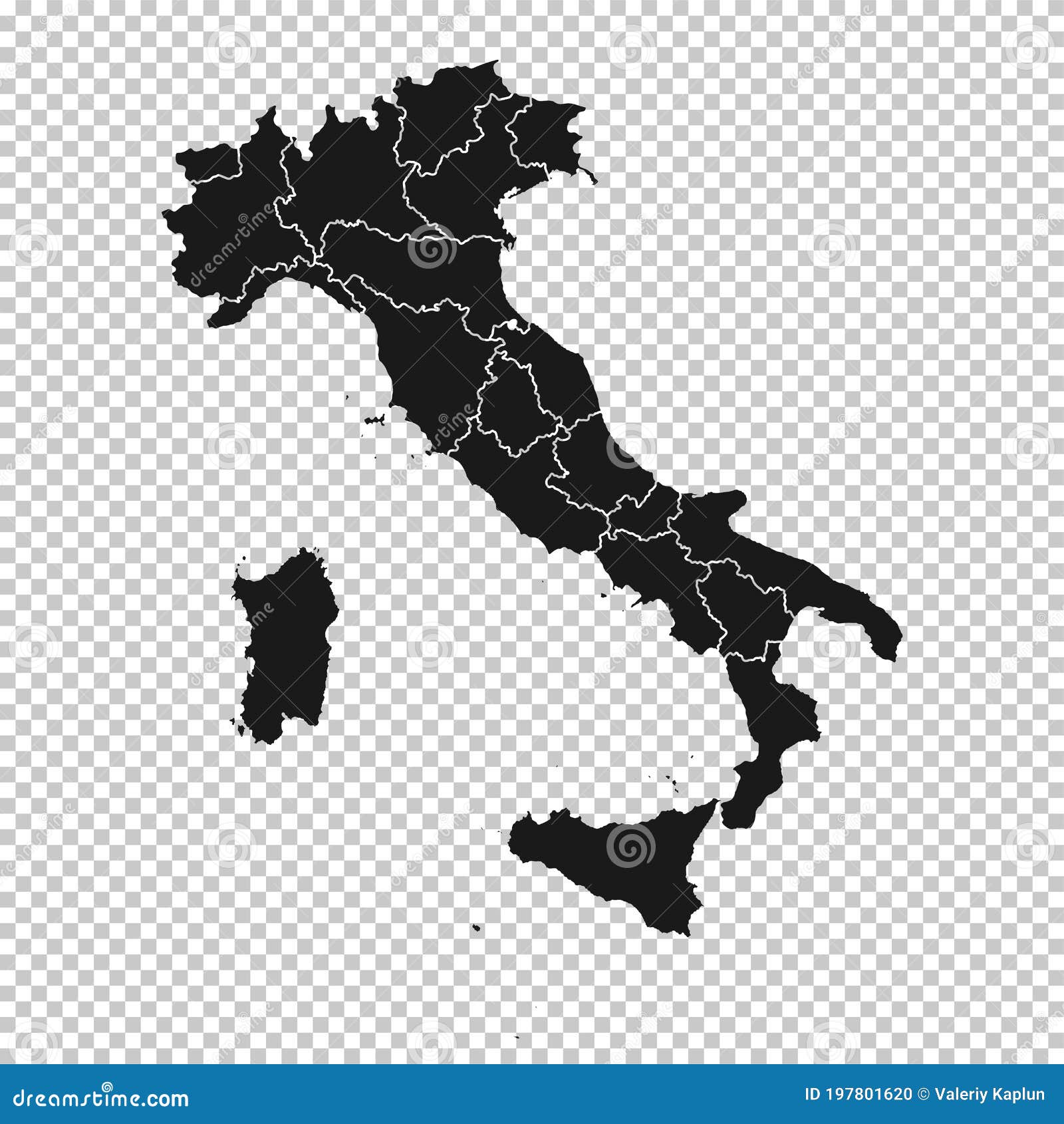 Italy Map - Vector Solid Contour And State Regions On Transparent ...