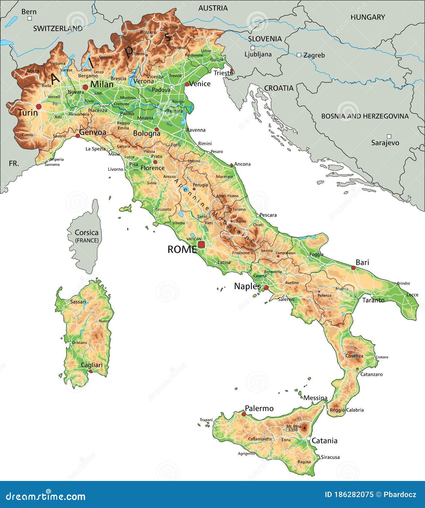 High Detailed Italy Physical Map with Labeling. Stock Vector ...