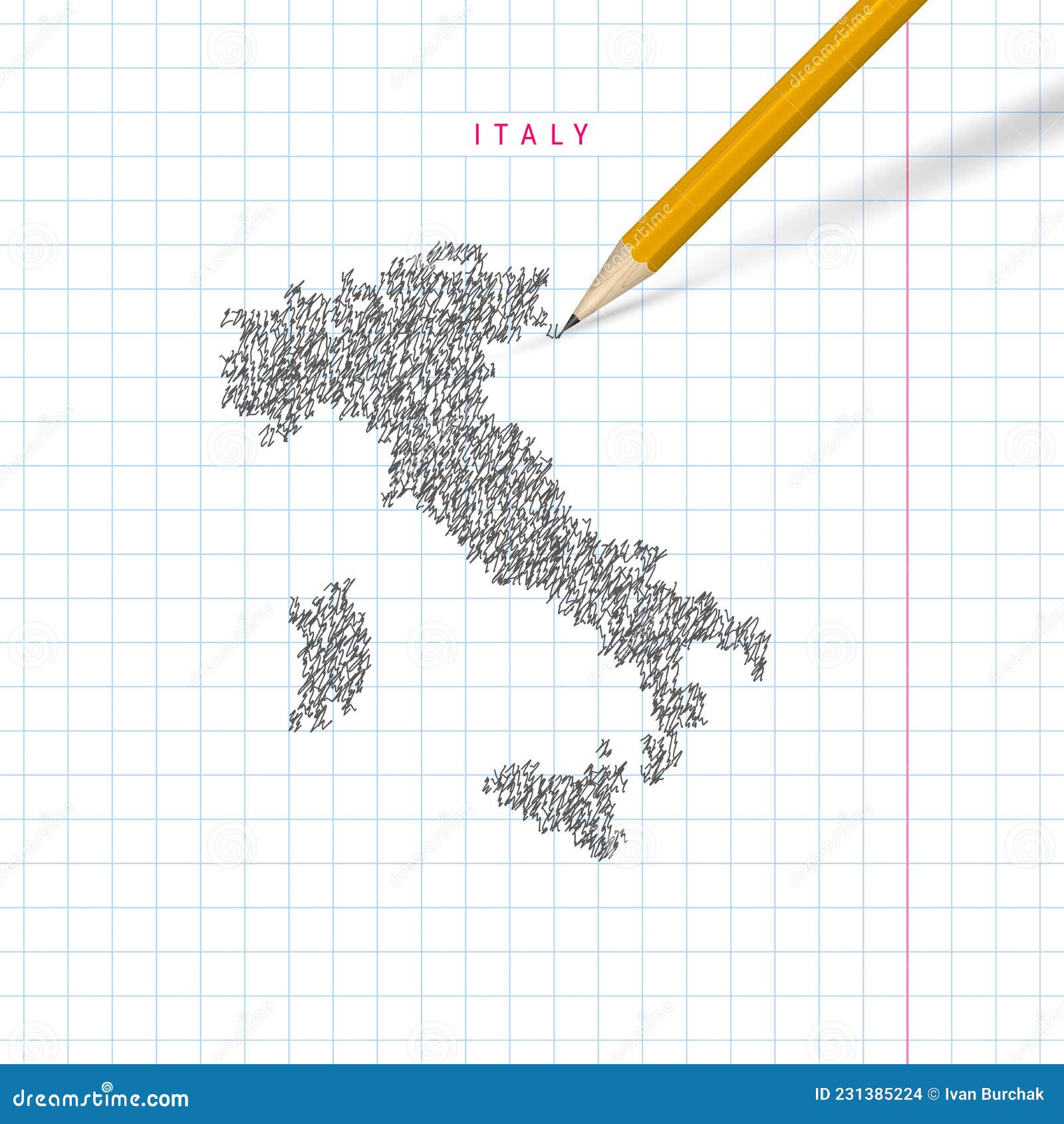 Italy Sketch Scribble Vector Map Drawn on Checkered School Notebook Paper Background Stock ...