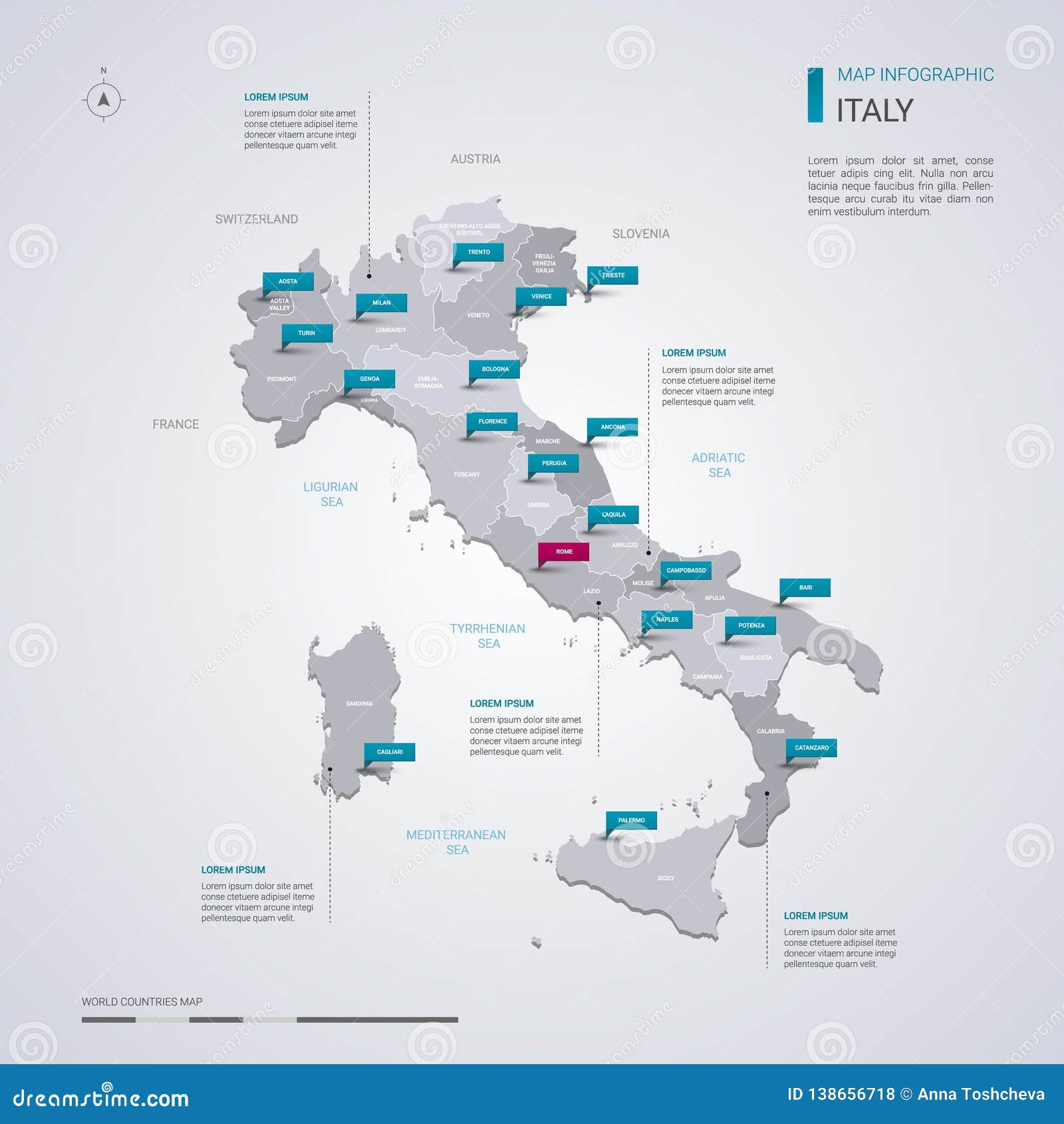 Italy Vector Map with Infographic Elements, Pointer Marks Stock Vector ...