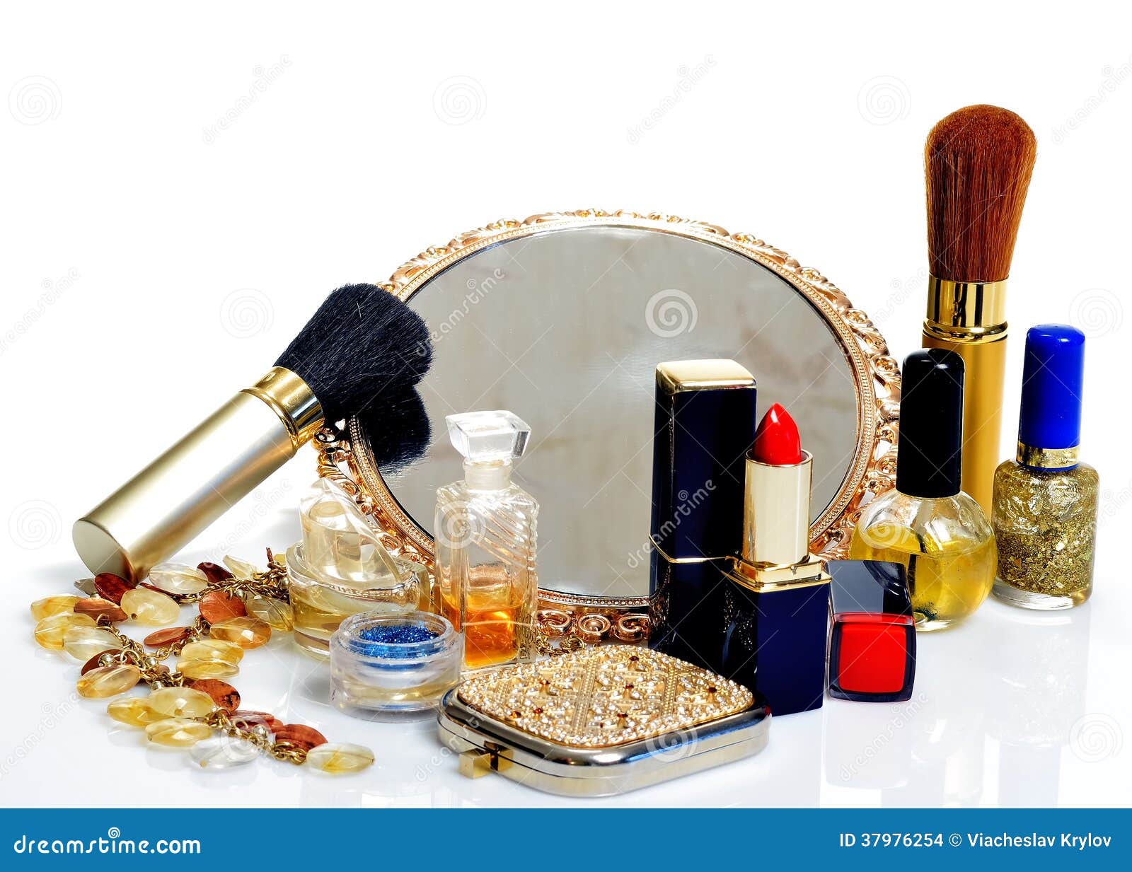 Items for Decorative Cosmetics, Makeup, Mirror and Flowers Stock Photo ...