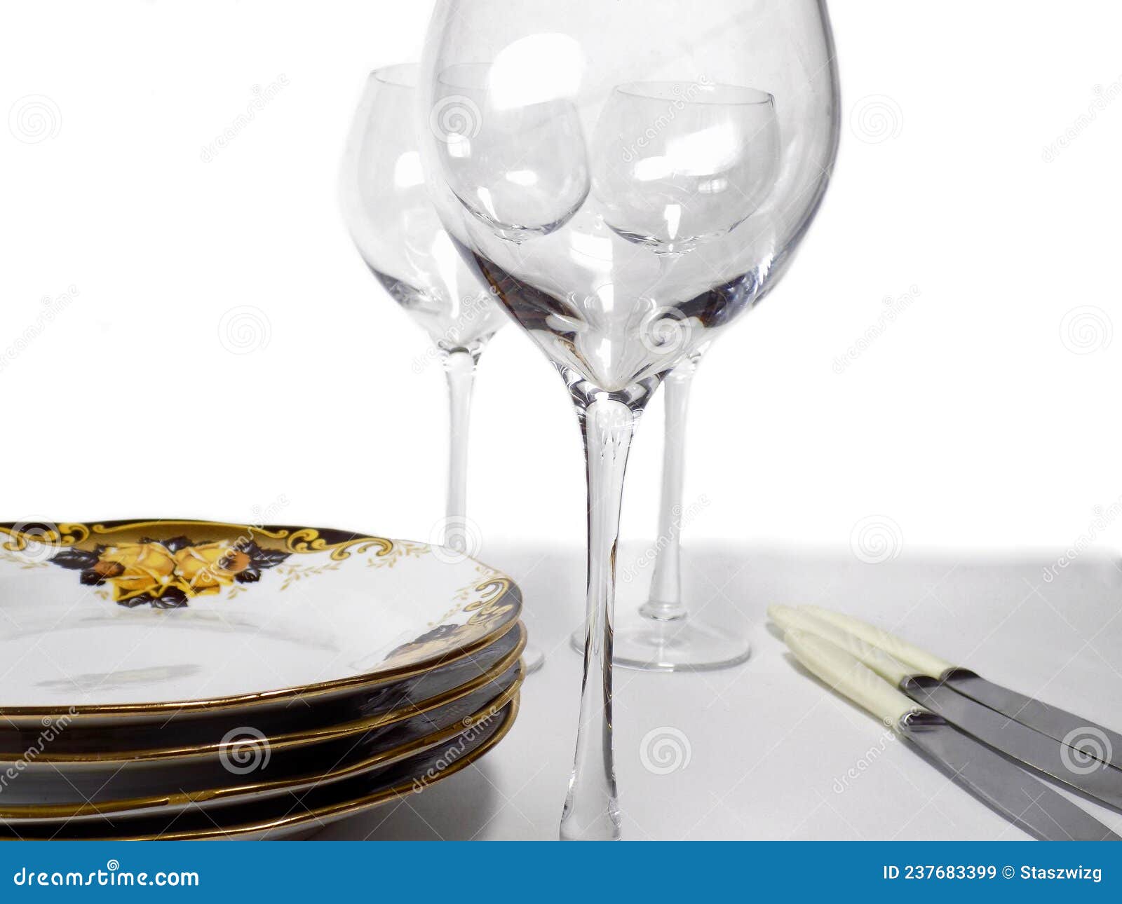 Glass Goblets, Plates, Knives. Table Setting. Stock Image - Image of ...