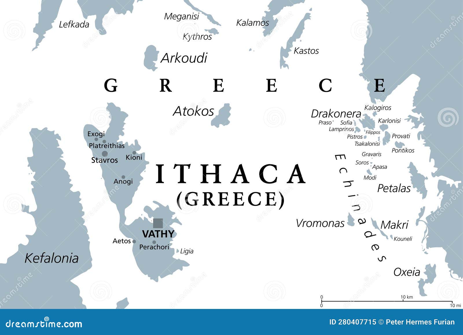 Ithaca, an Island and Regional Unit in Greece, Gray Political Map Stock ...