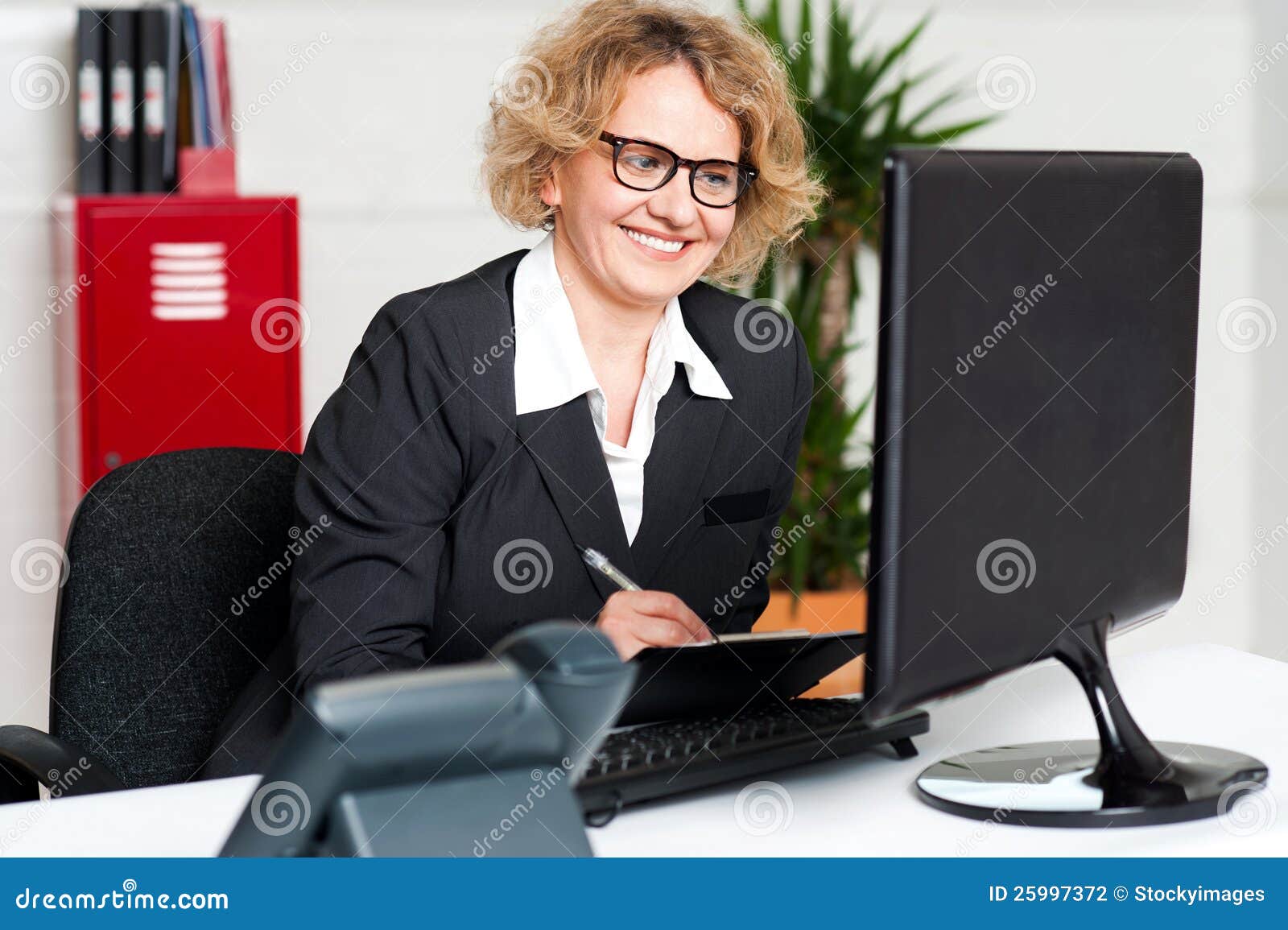 Its Time To Work. Front Desk Lady Making Notes Stock Photo - Image of ...