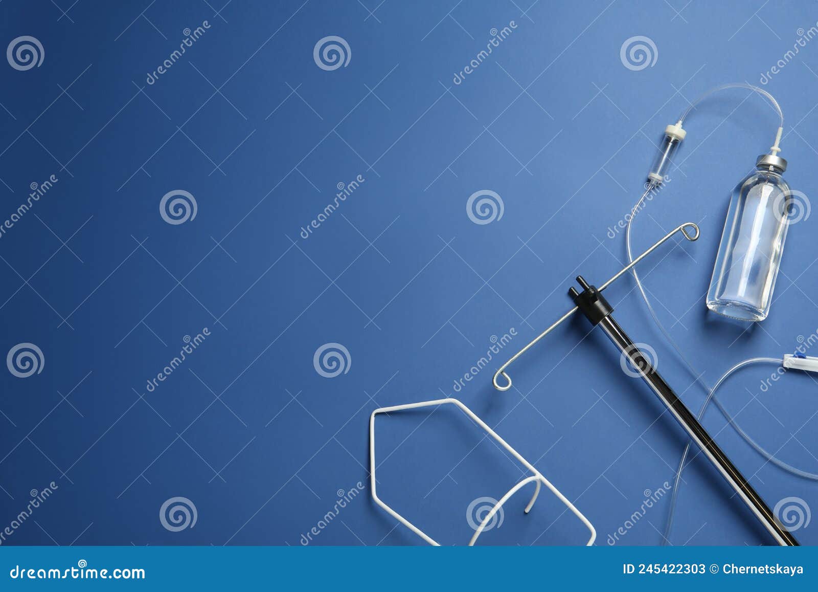 IV Infusion Set on Blue Background, Flat Lay. Space for Text Stock ...