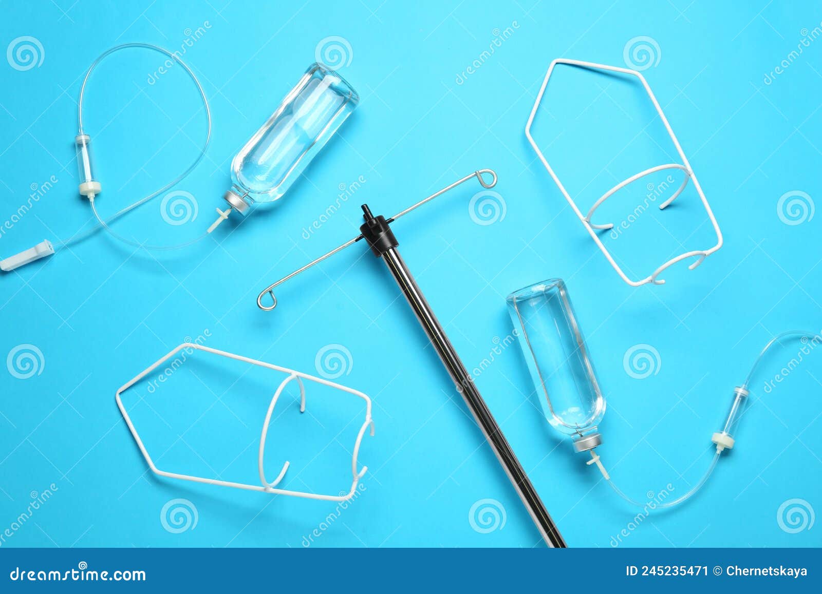 IV Infusion Set on Light Blue Background, Flat Lay Stock Image - Image ...