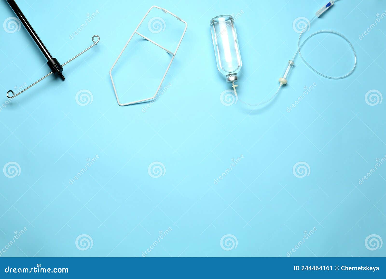 IV Infusion Set on Light Blue Background, Flat Lay. Space for Text ...