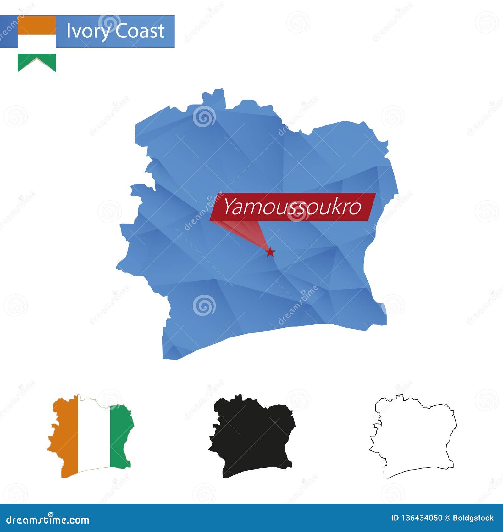 Ivory Coast Blue Low Poly Map with Capital Yamoussoukro Stock Vector ...
