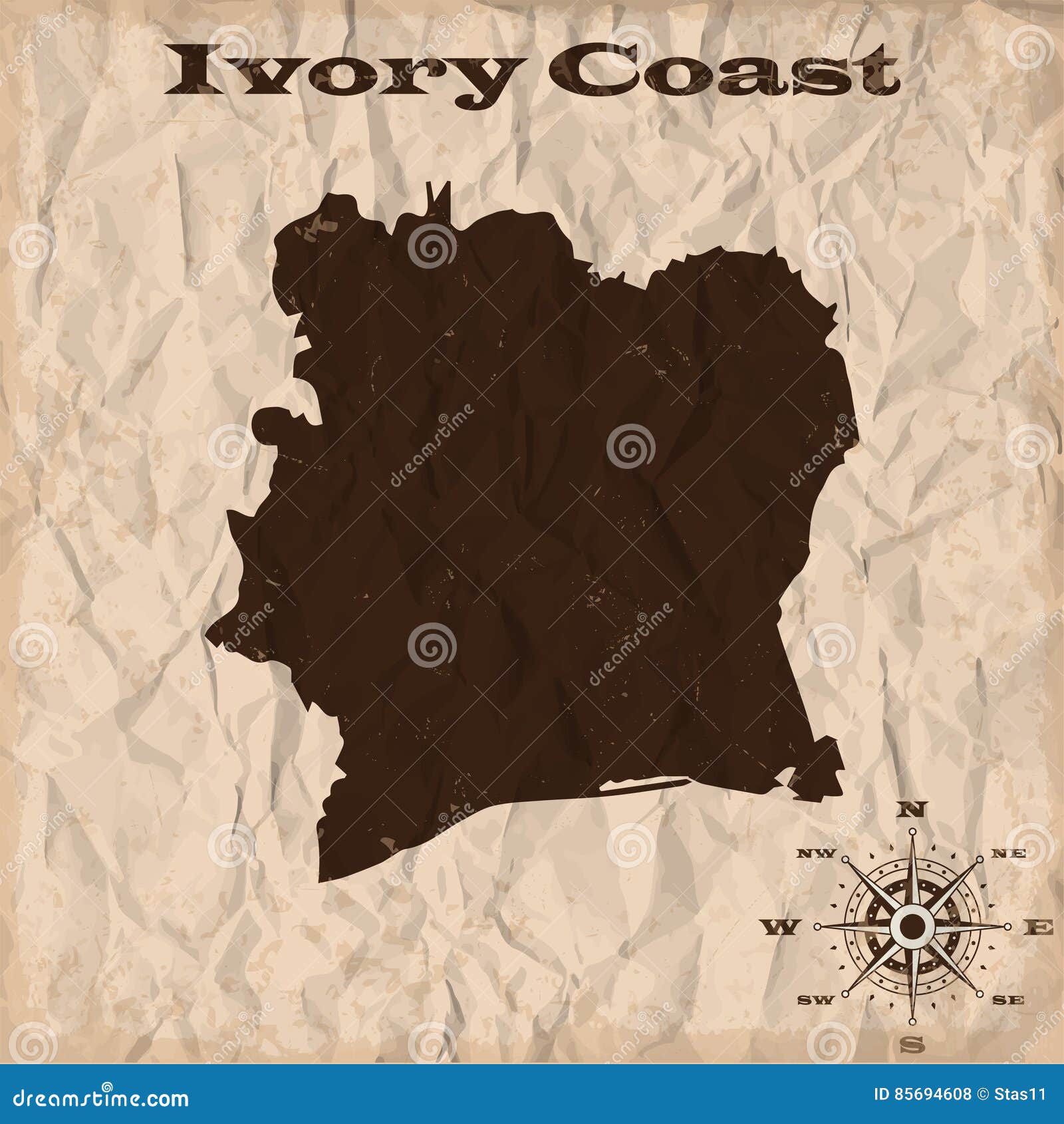 Ivory Coast Old Map with Grunge and Crumpled Paper. Vector Illustration ...