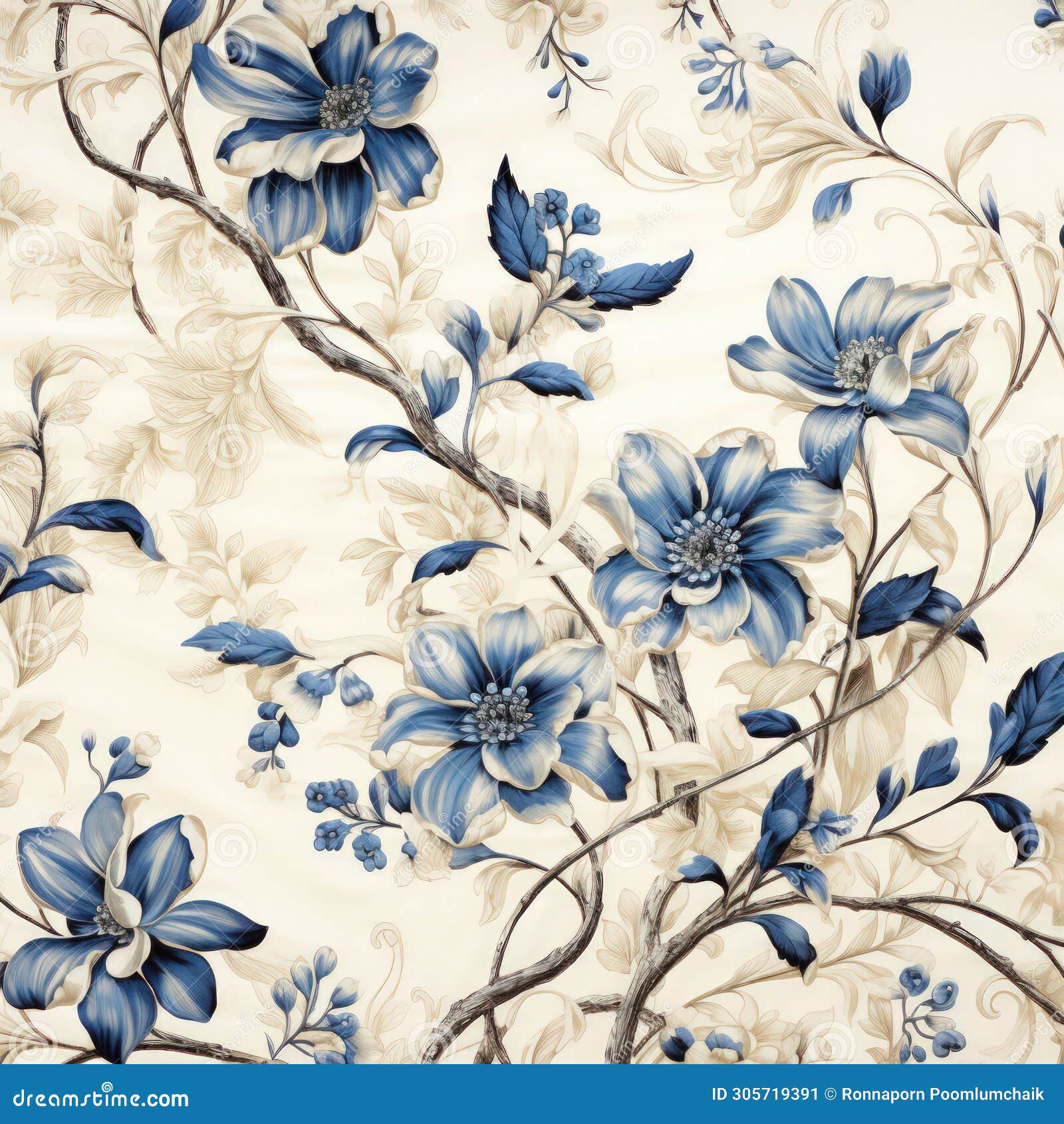 Ivory Fabric with a Blue Floral Pattern Stock Illustration ...