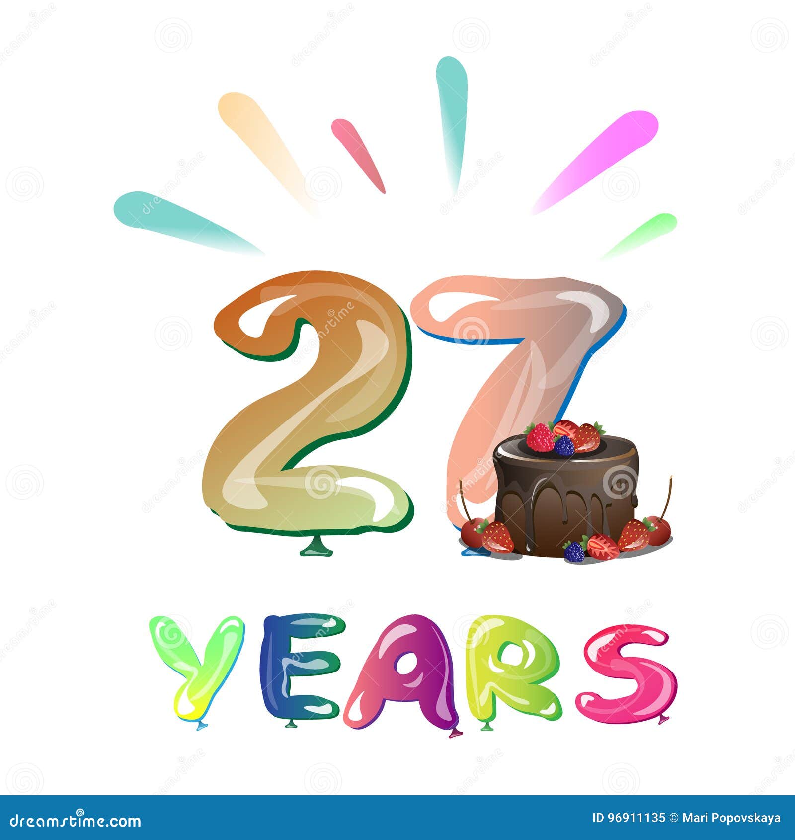 27 Jaar Van De Verjaardagsviering Het Ontwerp, Met Cake Vector ...