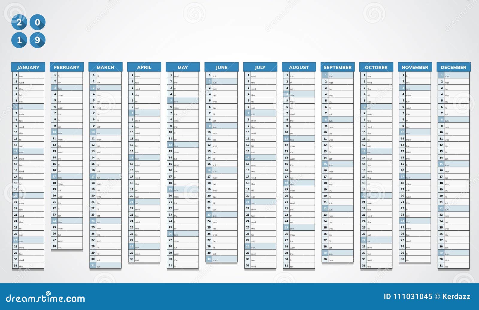 Jaarkalender 2019 vector illustratie. Illustration of december - 111031045