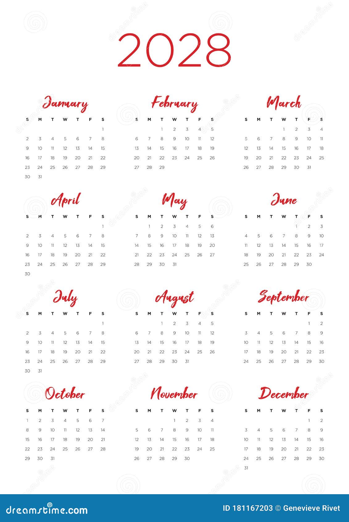 Jaarkalender voor 2028 vector illustratie. Illustration of week - 181167203