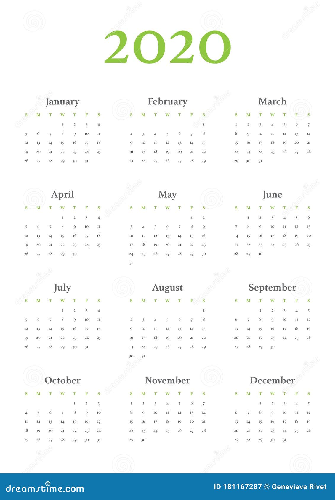 Jaarkalender voor 2020 vector illustratie. Illustration of week - 181167287