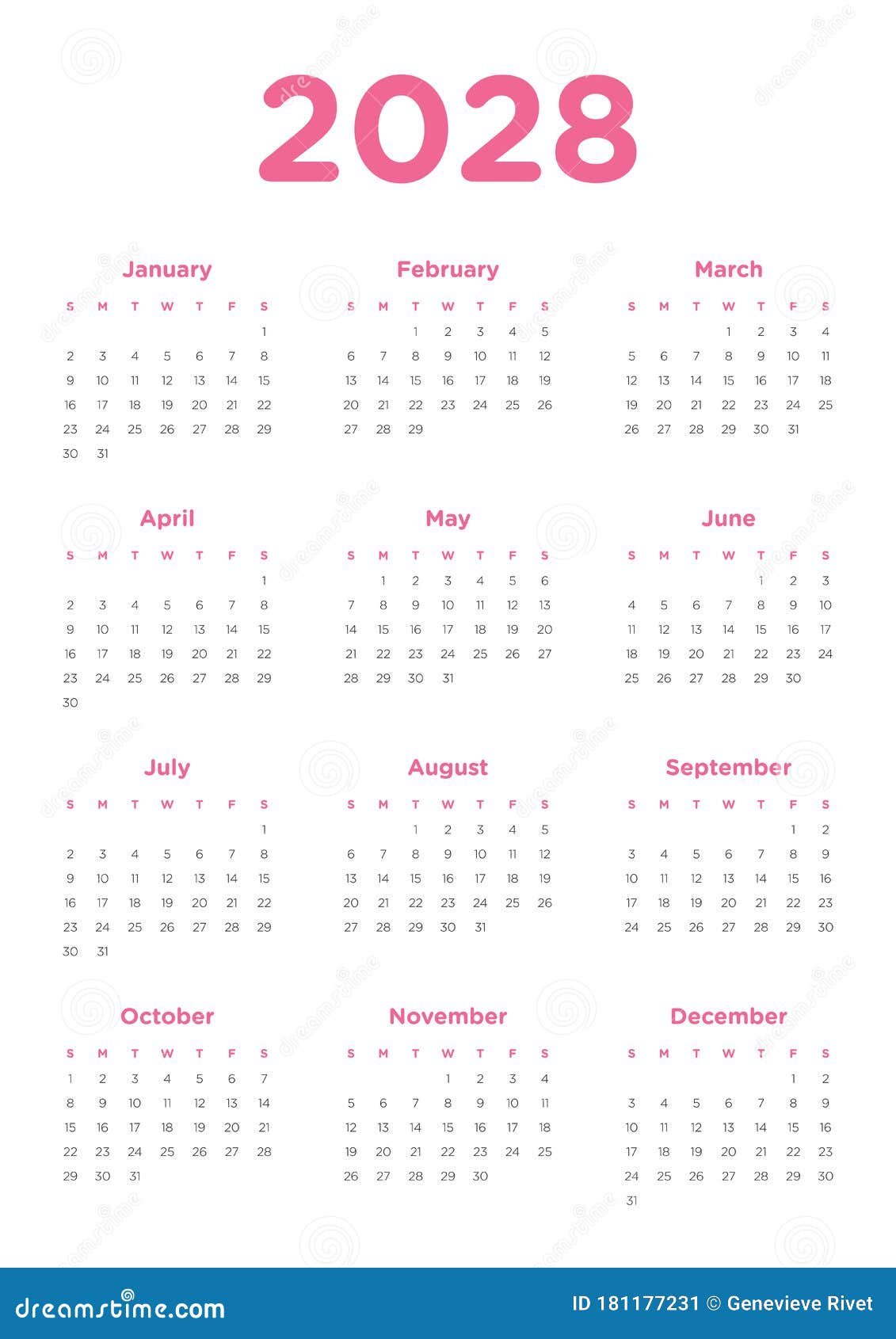 Jaarkalender voor 2028 vector illustratie. Illustration of affiche ...