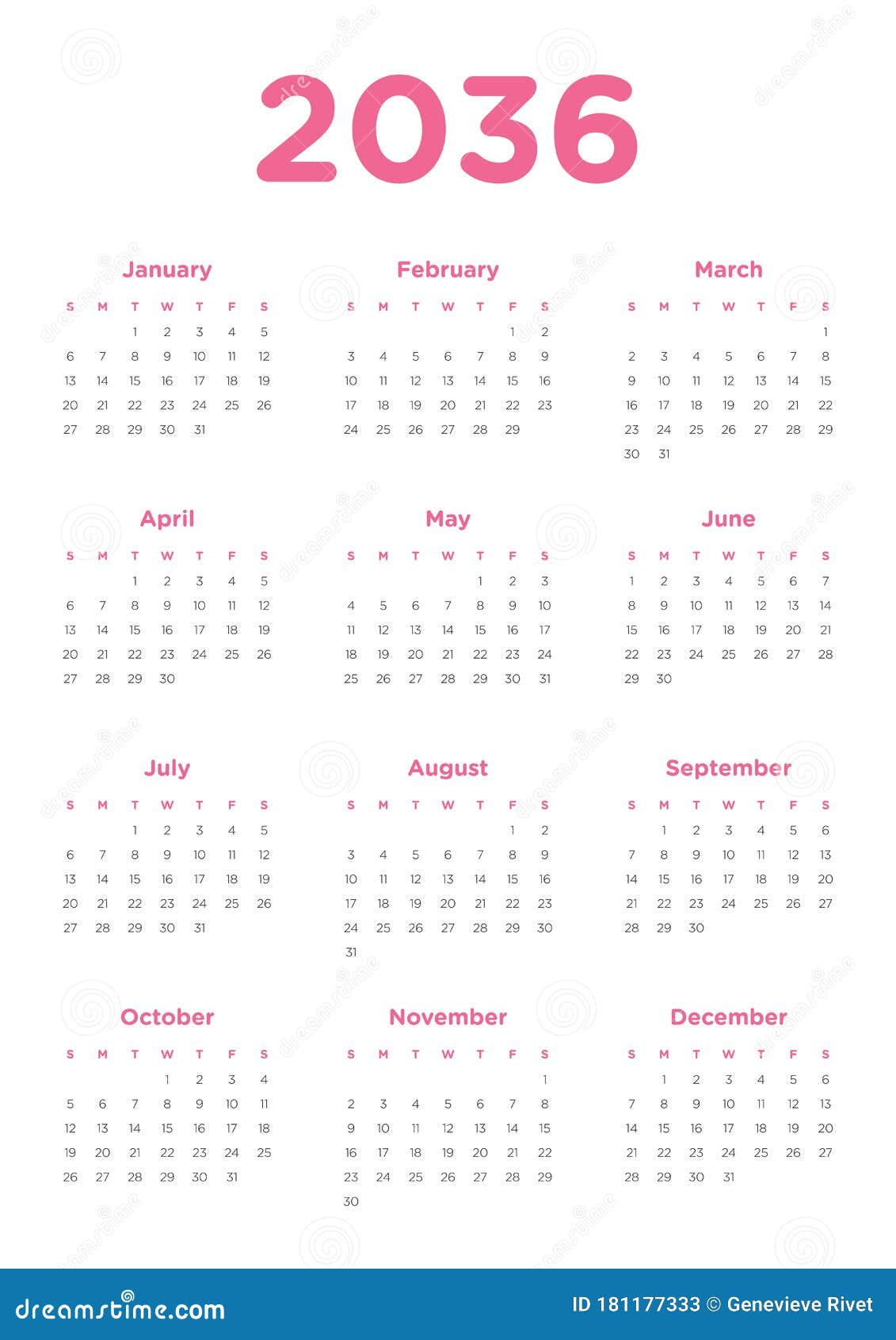 Jaarkalender voor 2036 vector illustratie. Illustration of week - 181177333