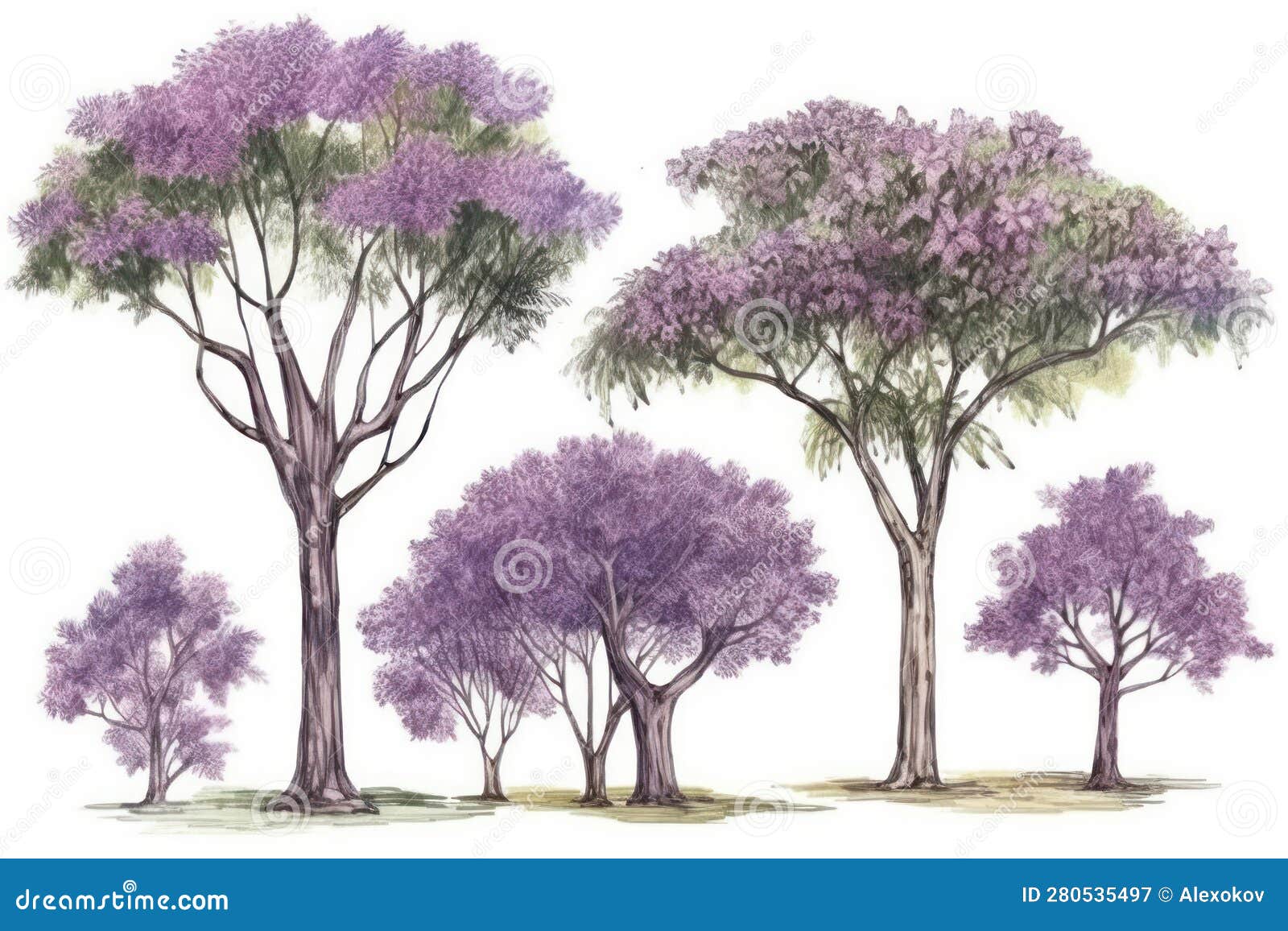 Set Or Collection Of Jacaranda Trees, Painted, Natural And As A Black ...