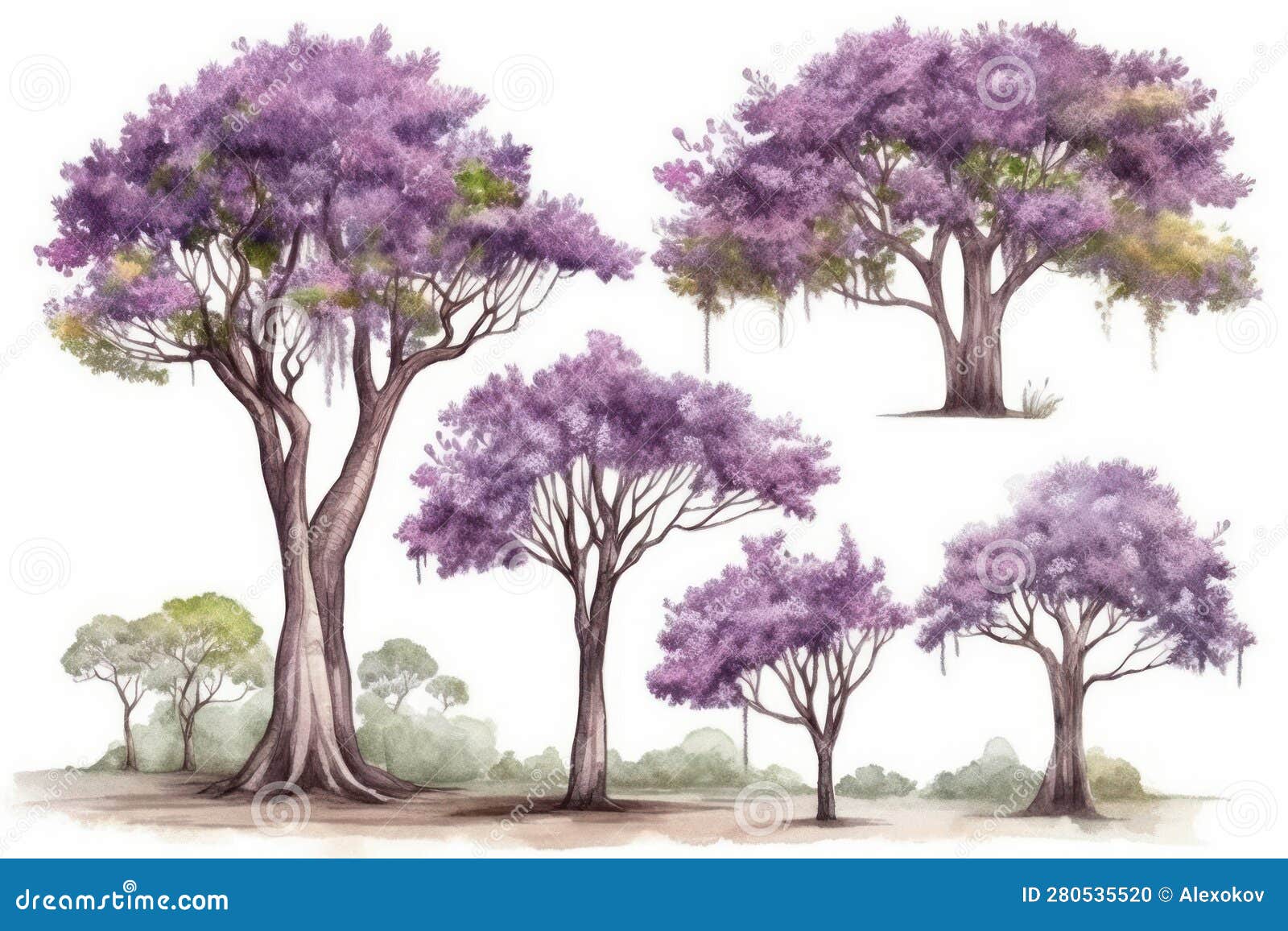 Jacaranda Trees Forest Pack: a Hand-Drawn Collection . Stock ...
