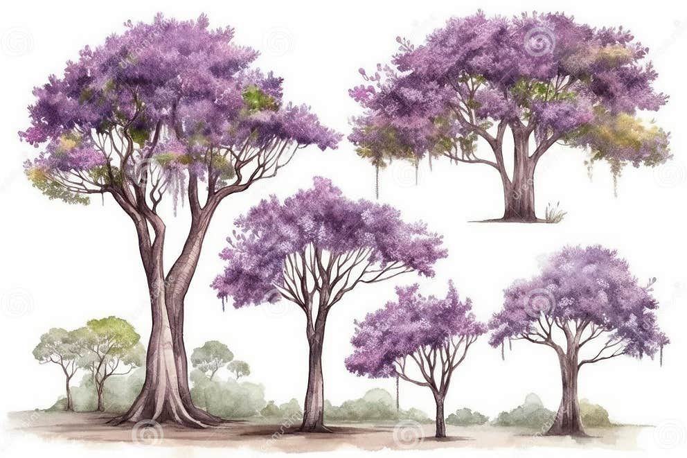 Jacaranda Trees Forest Pack: a Hand-Drawn Collection . Stock ...