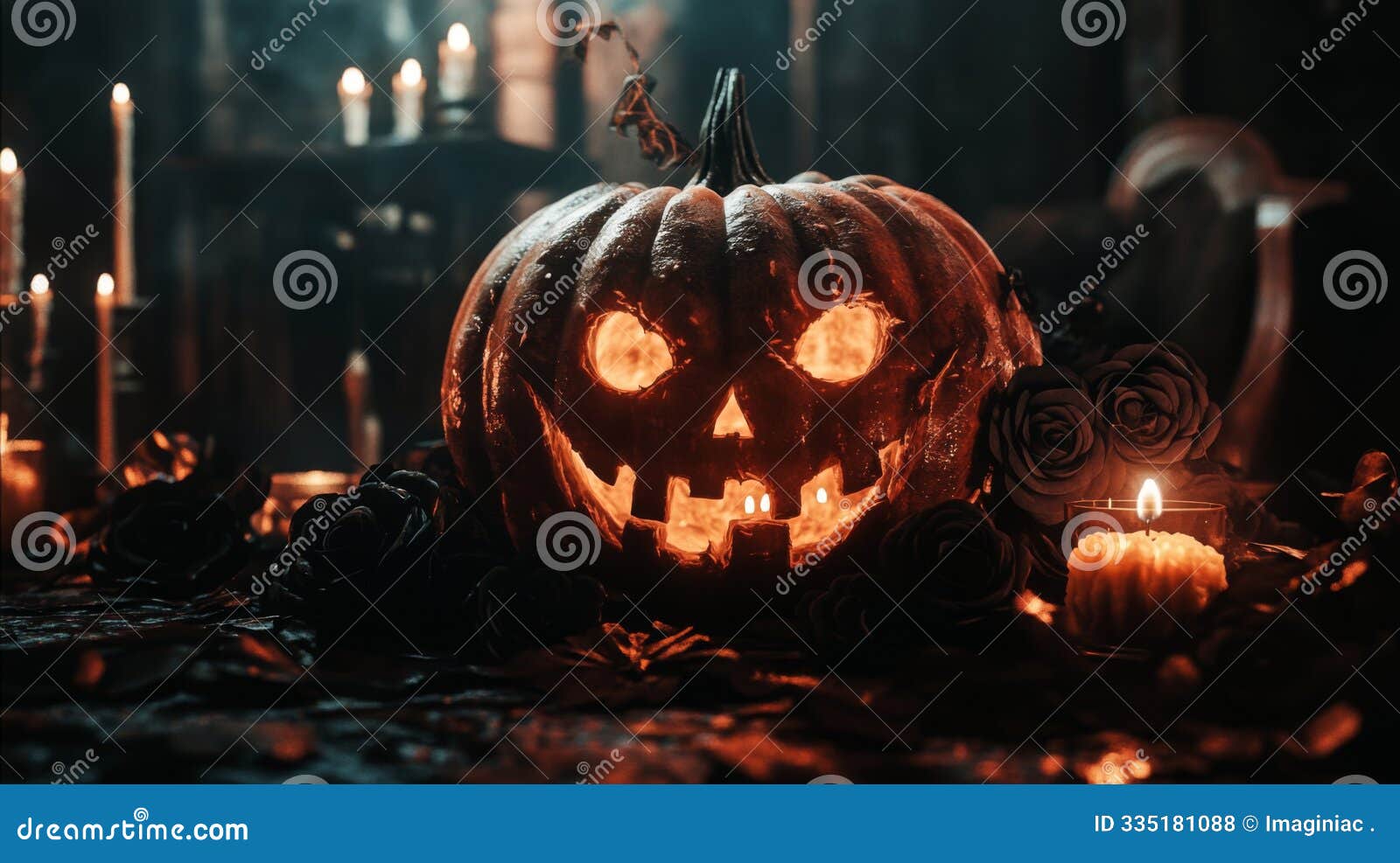 Jack-o -lantern with Burning Candles and Black Roses Stock Illustration ...