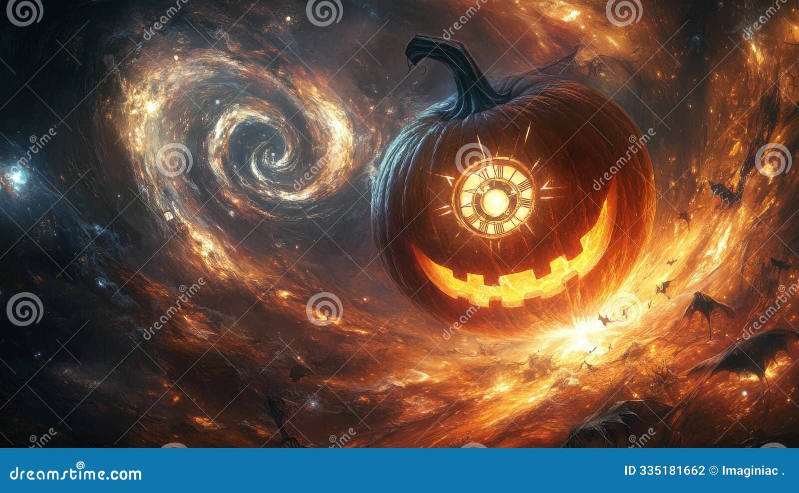 A Jack-o -Lantern with a Clock Face Floating in a Fiery Cosmic Vortex ...