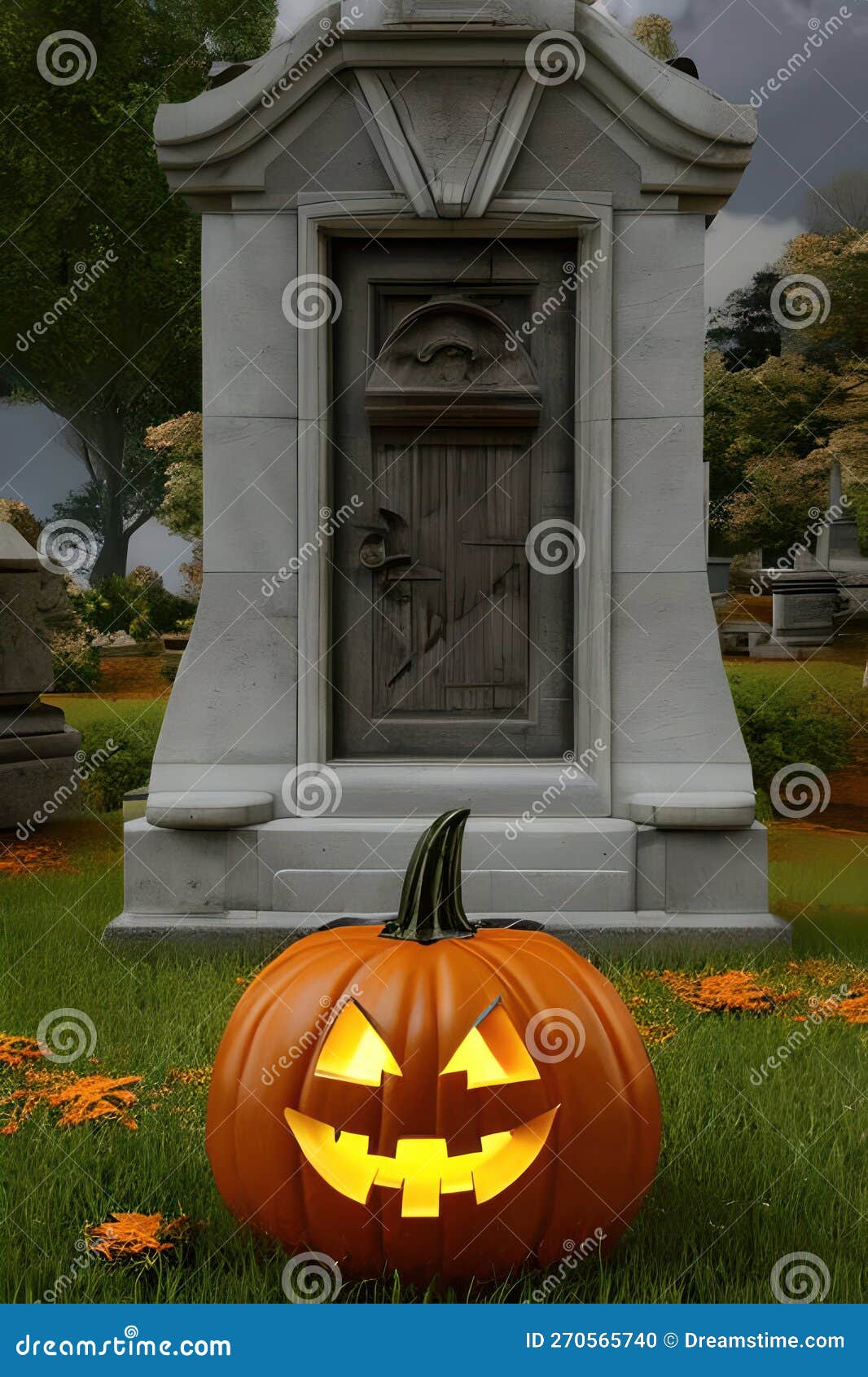 A Jack O Lantern in Front of the Entrance To a Crypt in a Cemetery ...