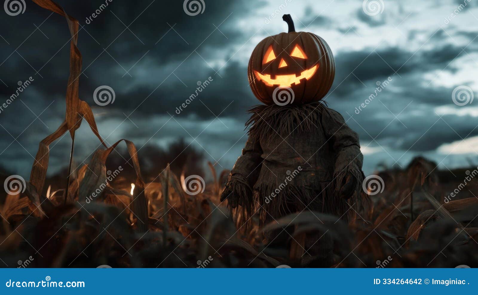 A Scarecrow Standing In The Middle Of A Pumpkin Patch Under A Night Sky ...