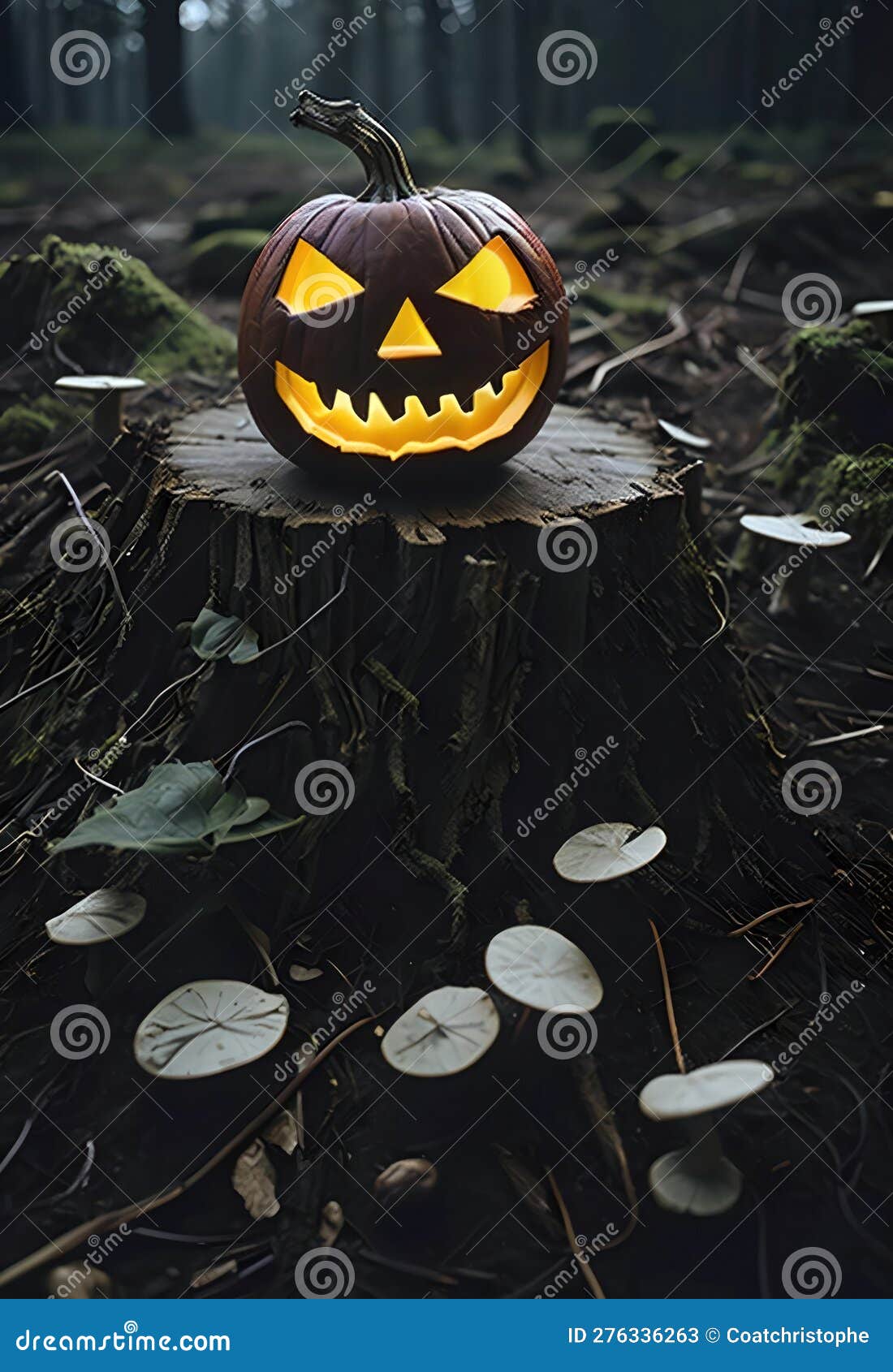 Jack O Lantern Lit on a Tree Stump Stock Illustration - Illustration of ...
