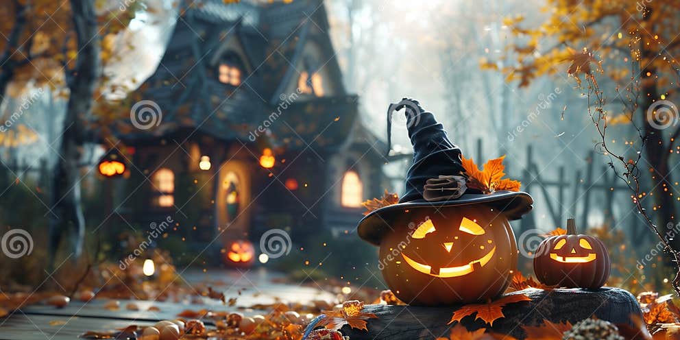 A Jack Olantern with a Witch Hat Sits in Front of a Haunted House with ...