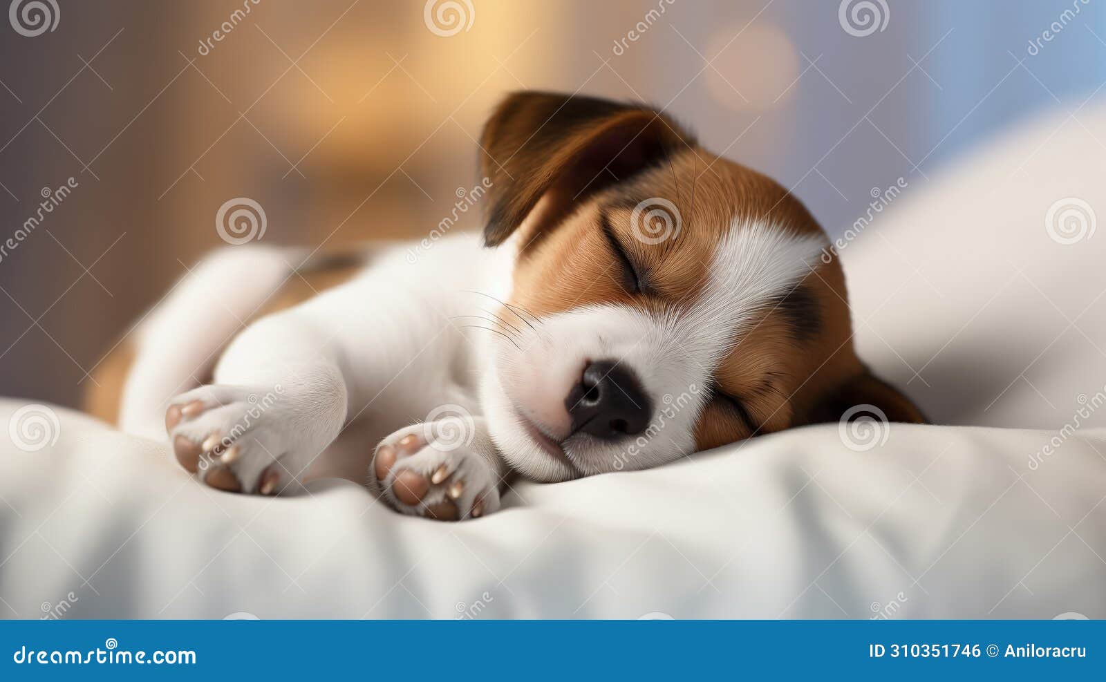 Jack Russel Terrier Puppy Sleeping on White Bed. Stock Photo - Image of ...