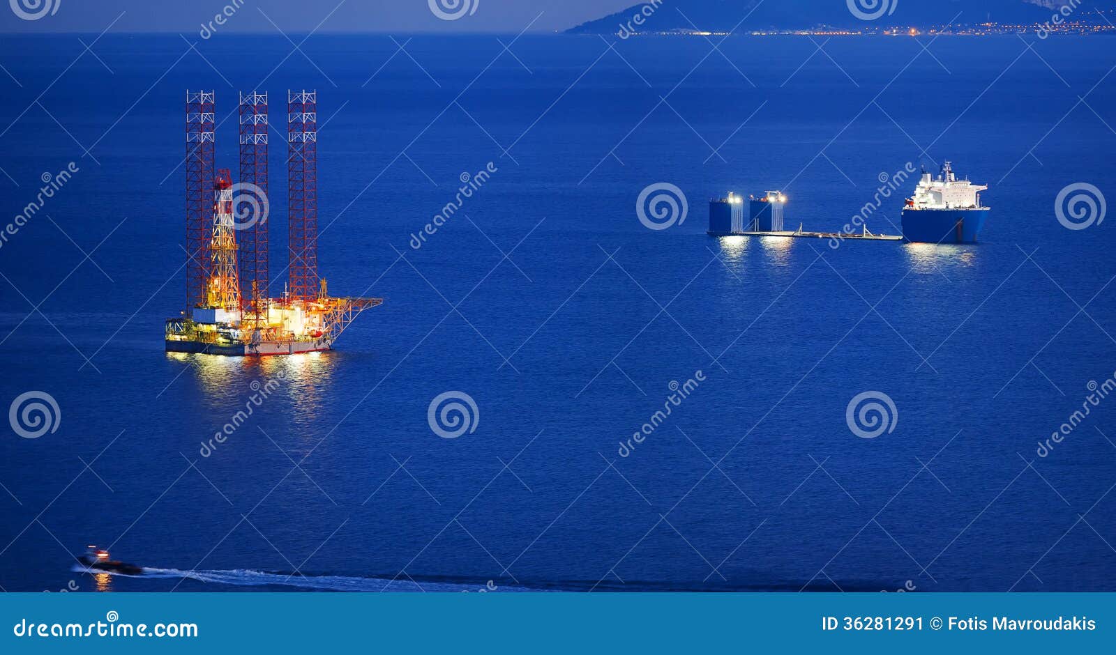 Jack Up Rig and a Cargo Ship Stock Image - Image of container, anchored ...