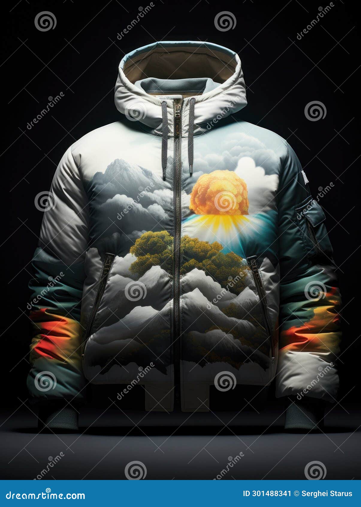 A Jacket with a Colorful Sky and Clouds on it, AI Stock Illustration ...
