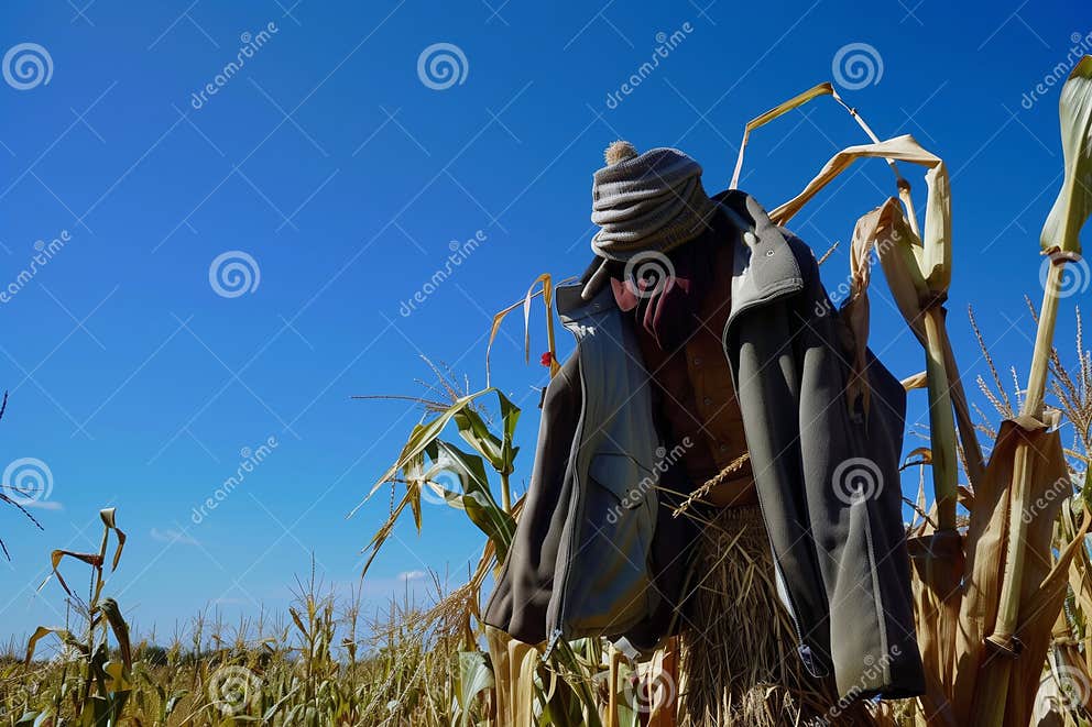 Jacket on a Scarecrow in a Cornfield, Blue Sky Above Stock Photo ...