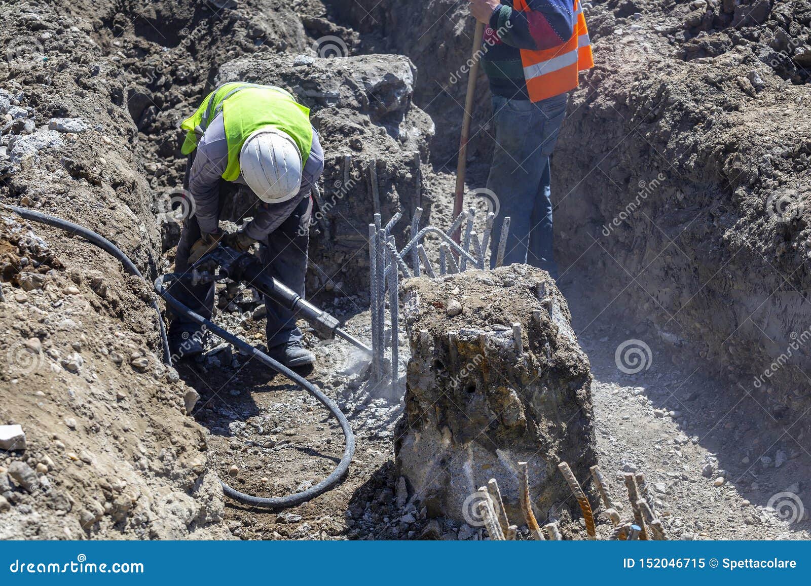 Jackhammer in Action Break Reinforced Concrete Pillar Stock Image ...