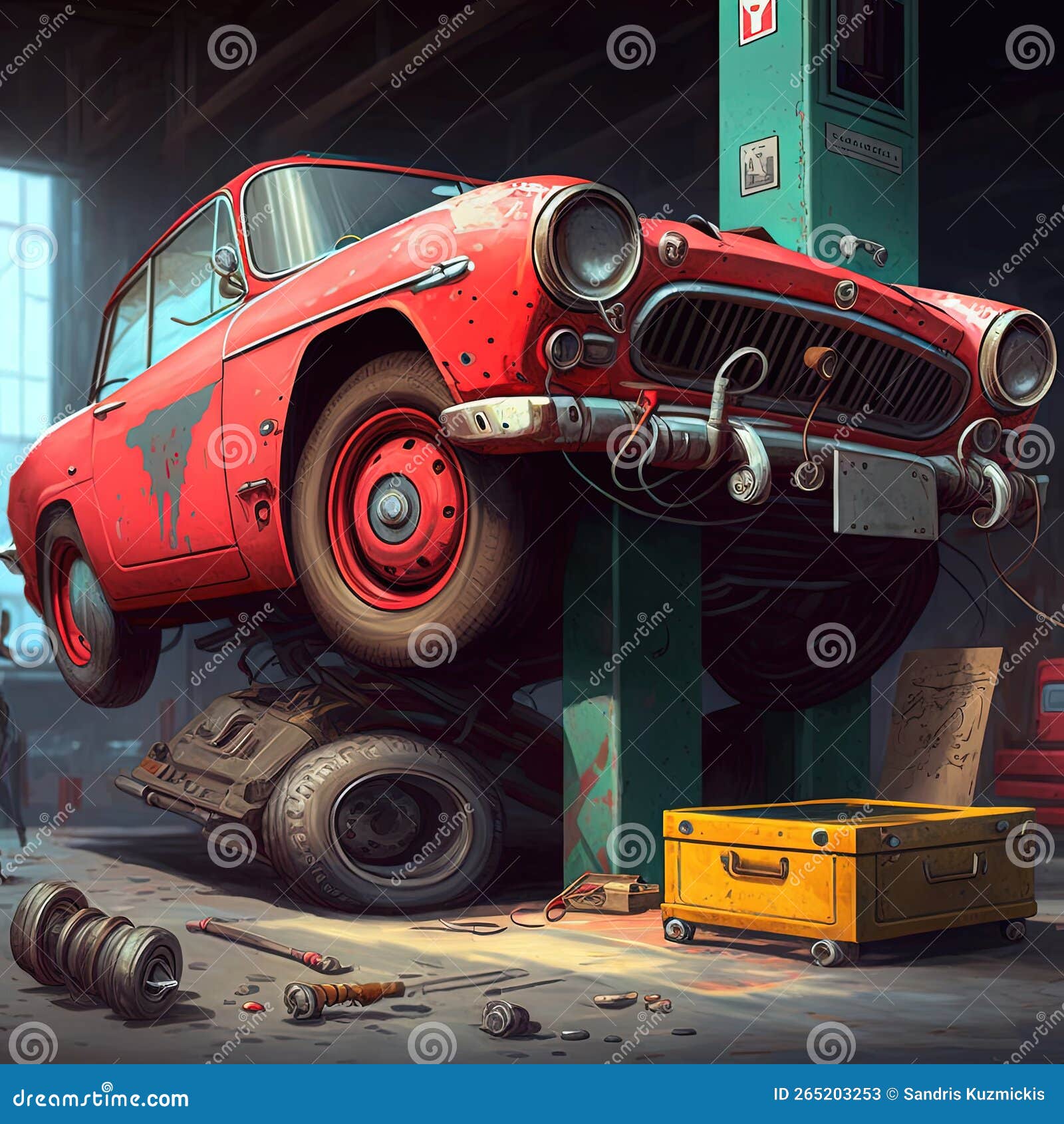 Jacking Up an Old, Red Car. Generative AI Stock Illustration ...