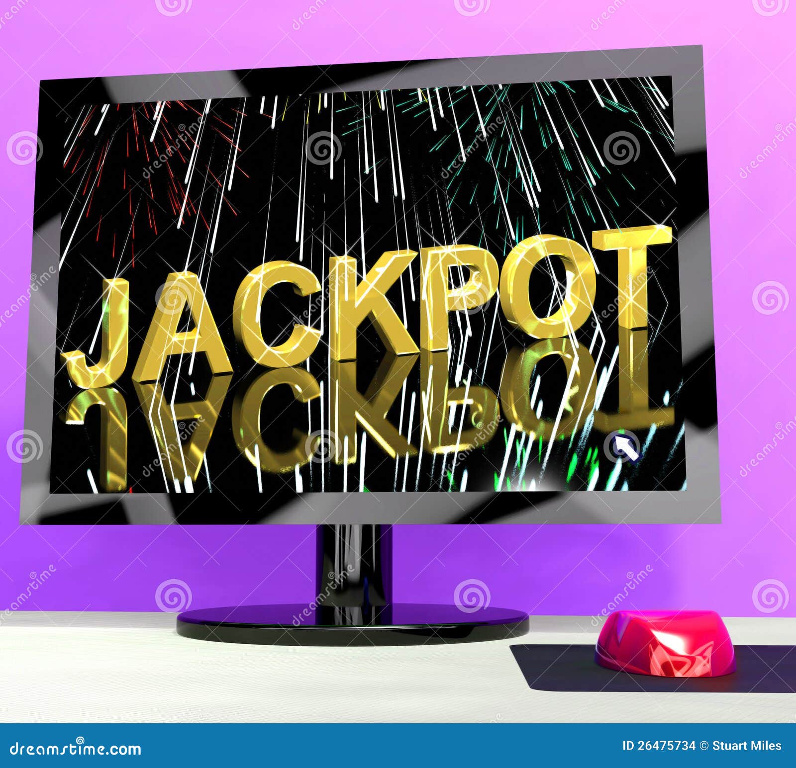 Jackpot Word with Fireworks on Computer Stock Illustration ...