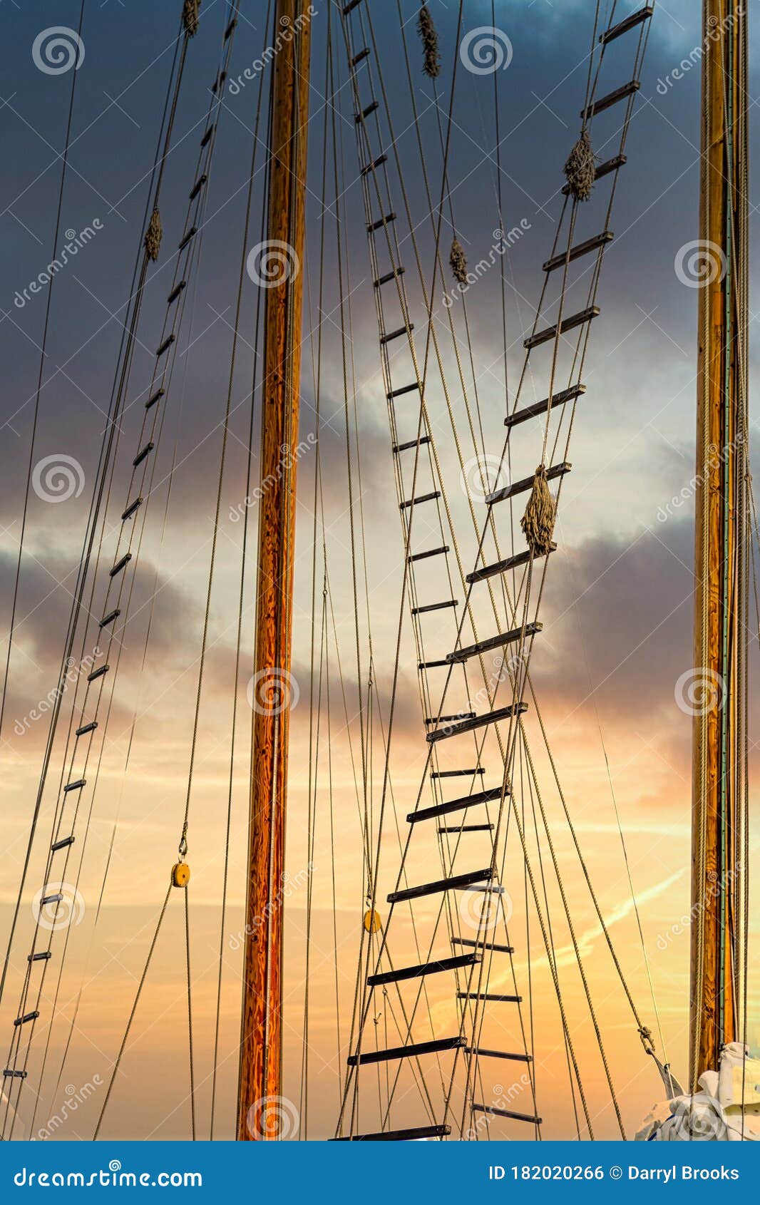 Jacobs Ladders on Masts at Sunset Stock Photo - Image of sailing ...