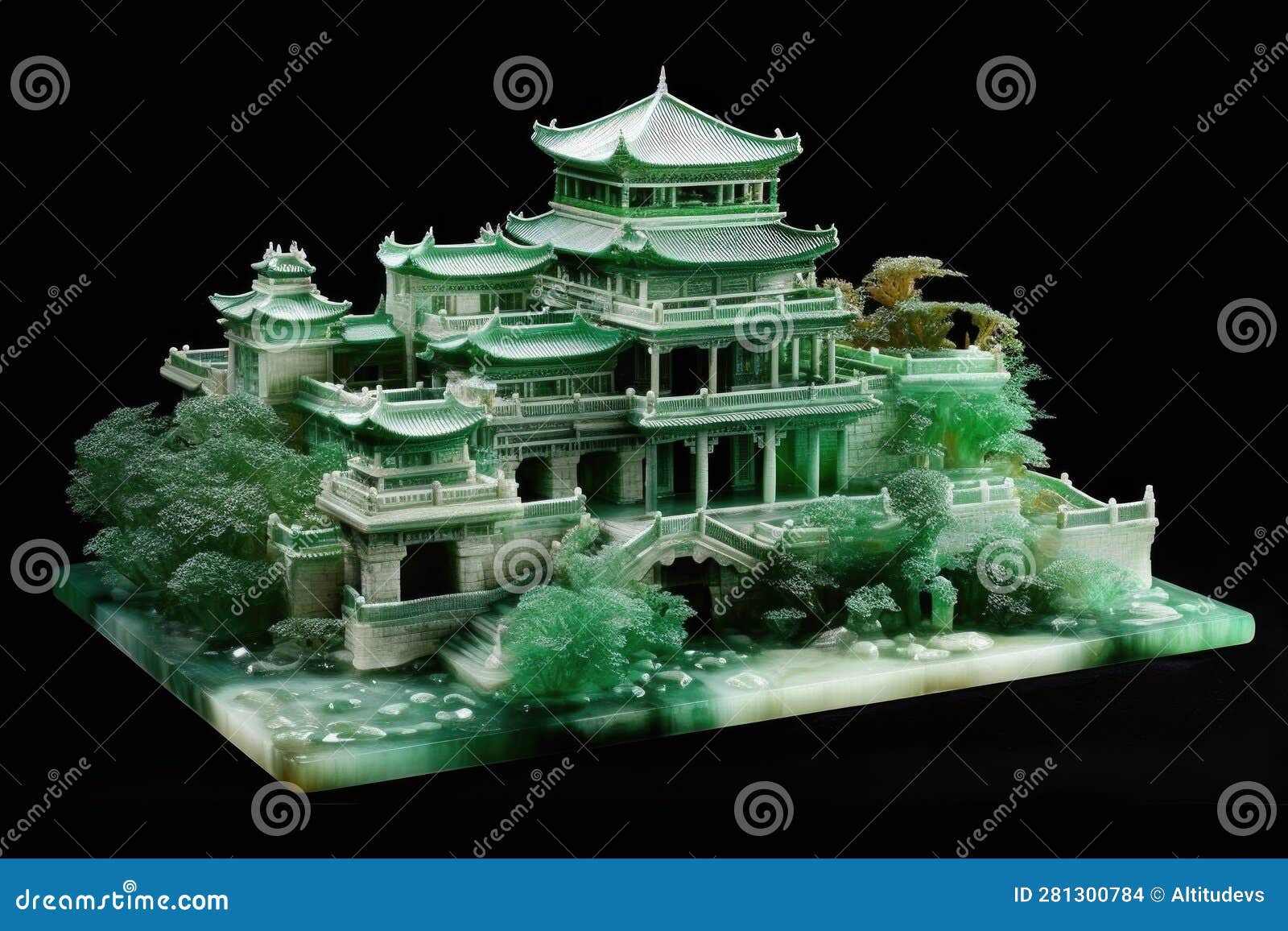 Jade Sea With Ancient Chinese Temples. Fantastic Asian Landscape With ...