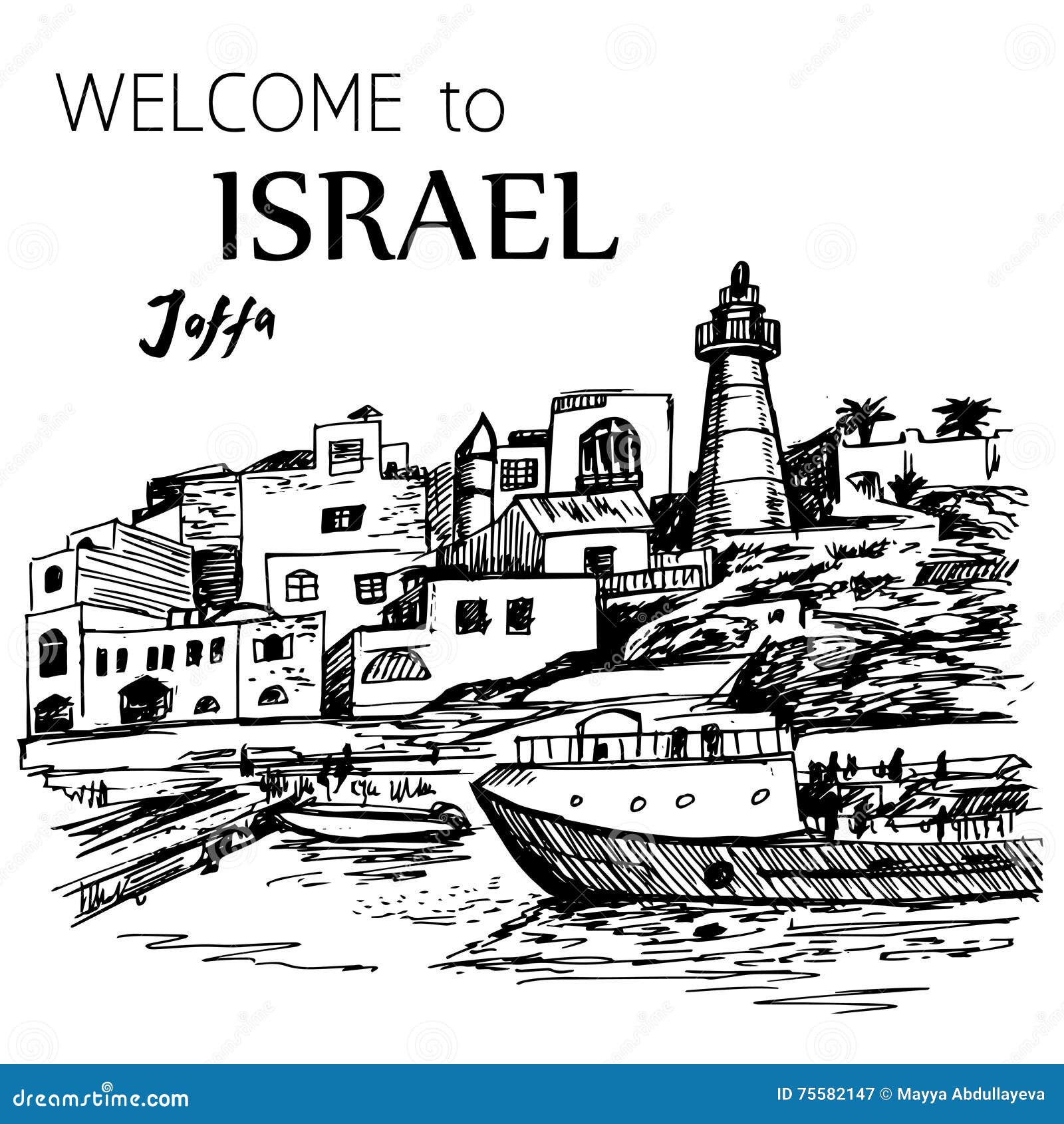 Jaffa Old Port With Lighthouse - Israel Cartoon Vector | CartoonDealer ...