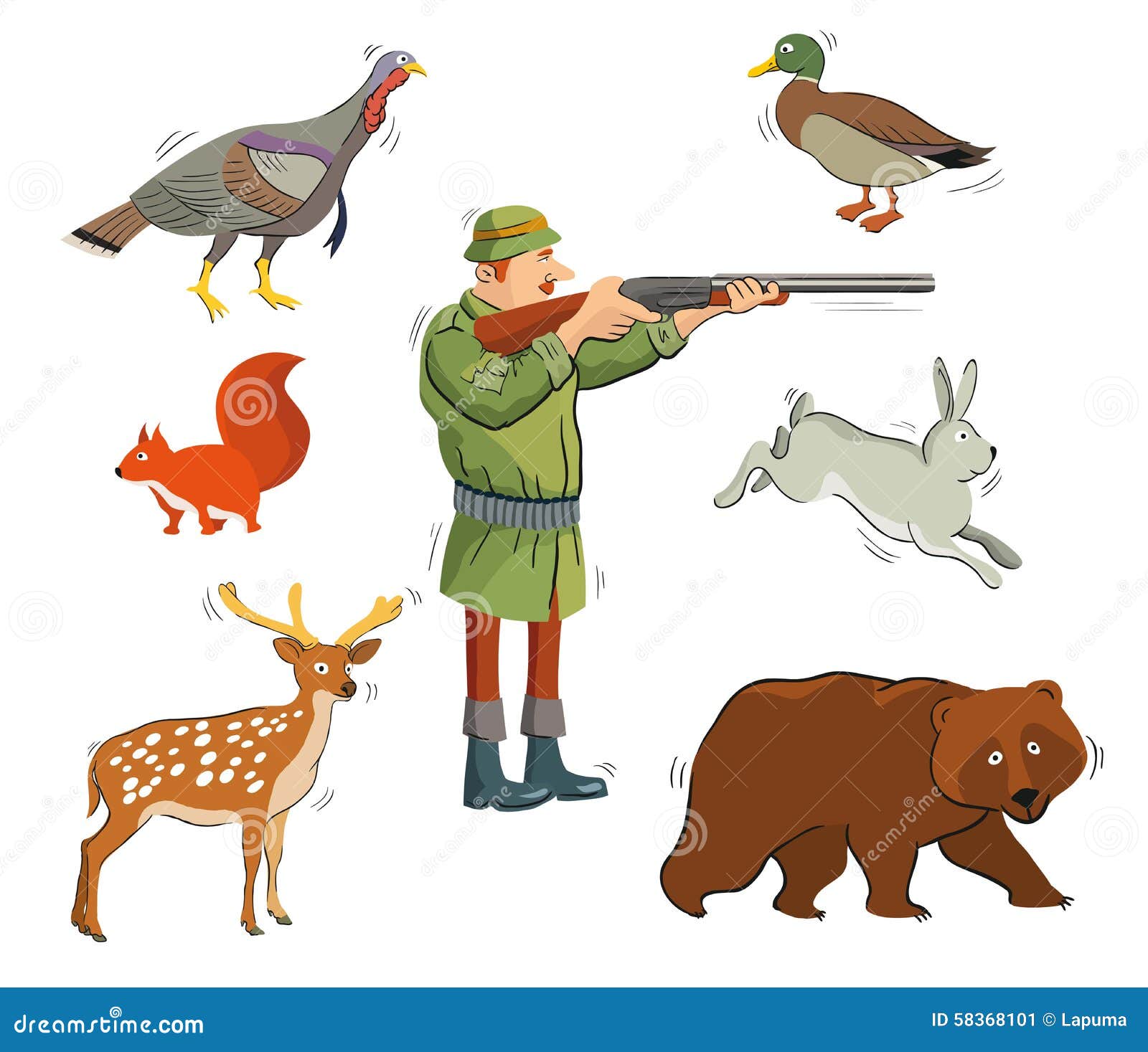 Jager en wilde dieren vector illustratie. Illustration of jager - 58368101